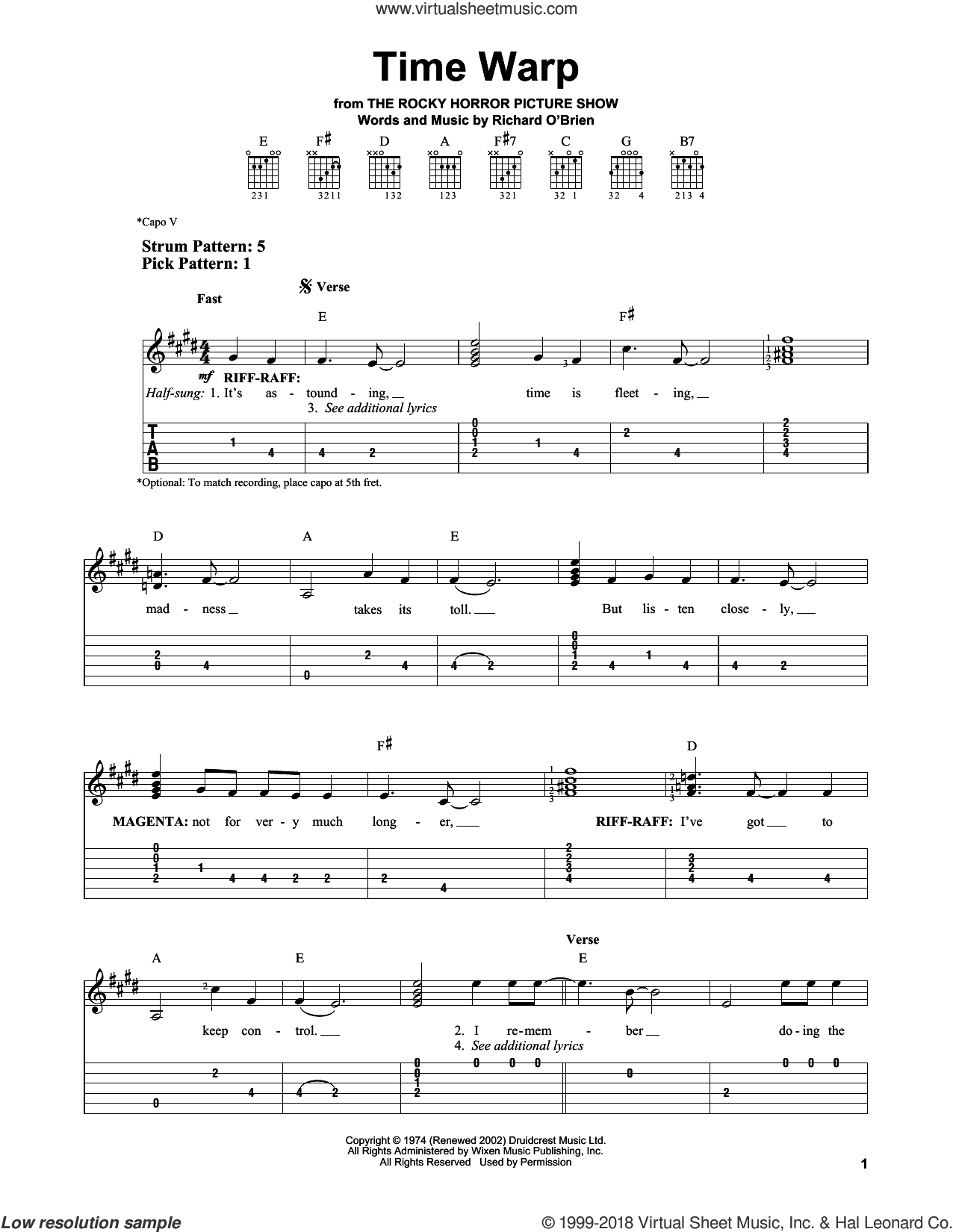 Time Warp sheet music for guitar solo (easy tablature) (PDF)