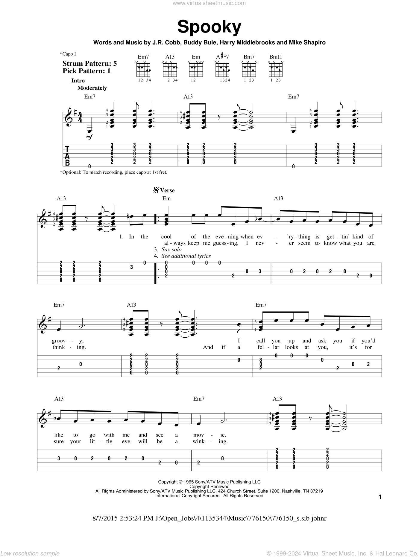Spooky sheet music for guitar solo (easy tablature) (PDF)