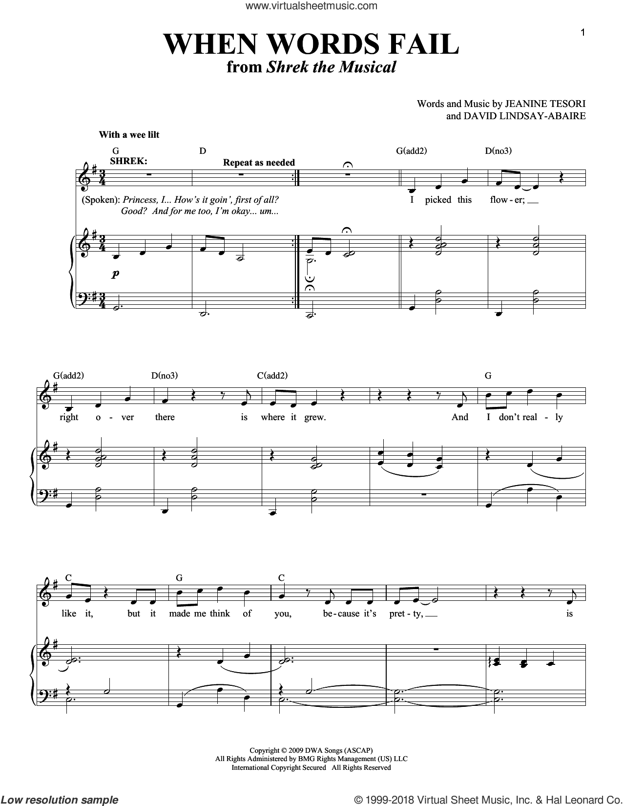 Jeanine Tesori & David Lindsay-Abaire: When Words Fail sheet music for ...