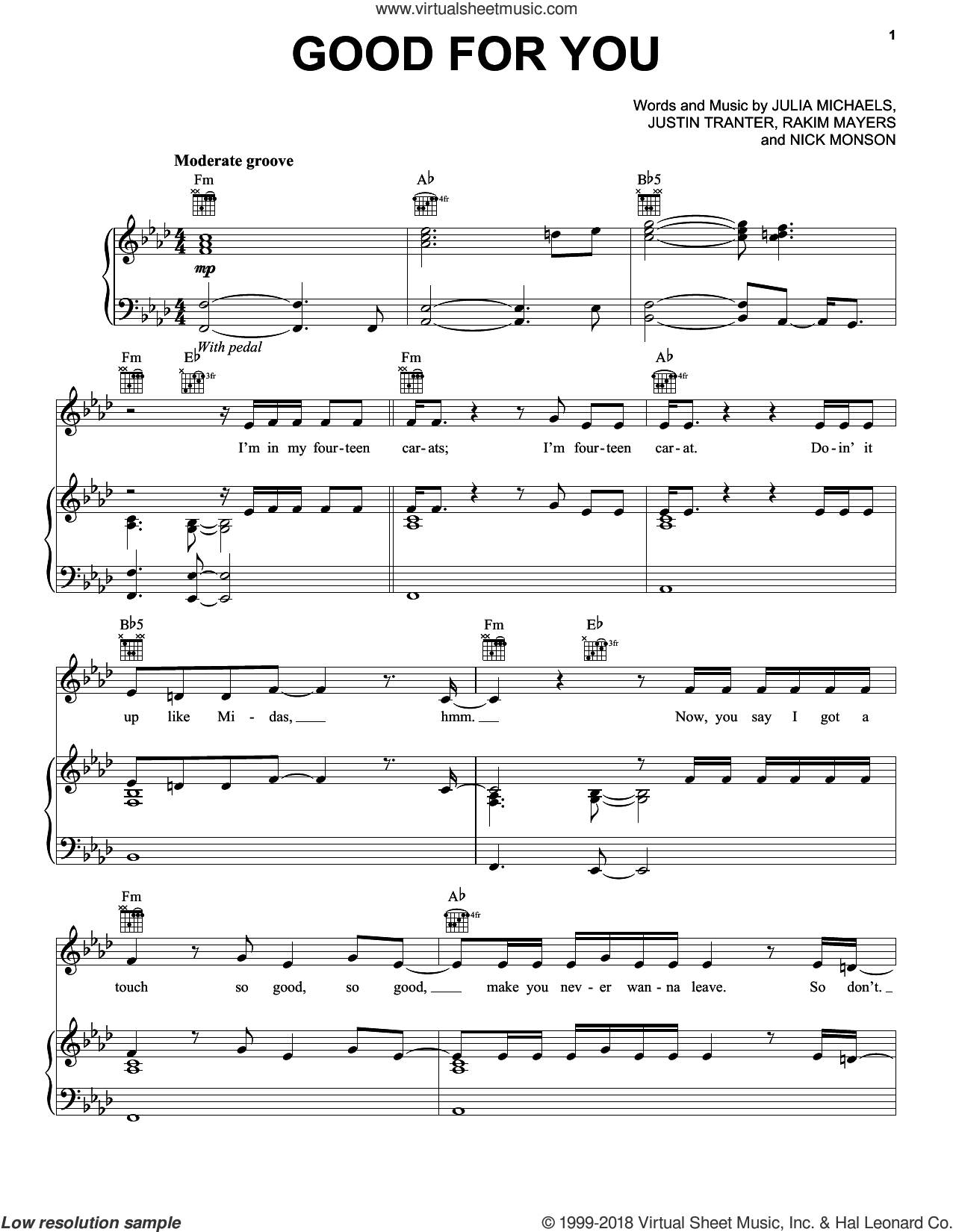 Good For You sheet music for voice, piano or guitar (PDF)