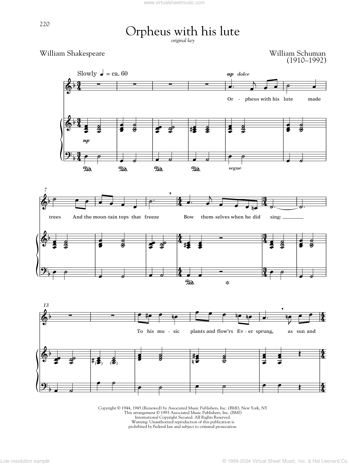 Orpheus With His Lute sheet music for voice and piano (High Voice)