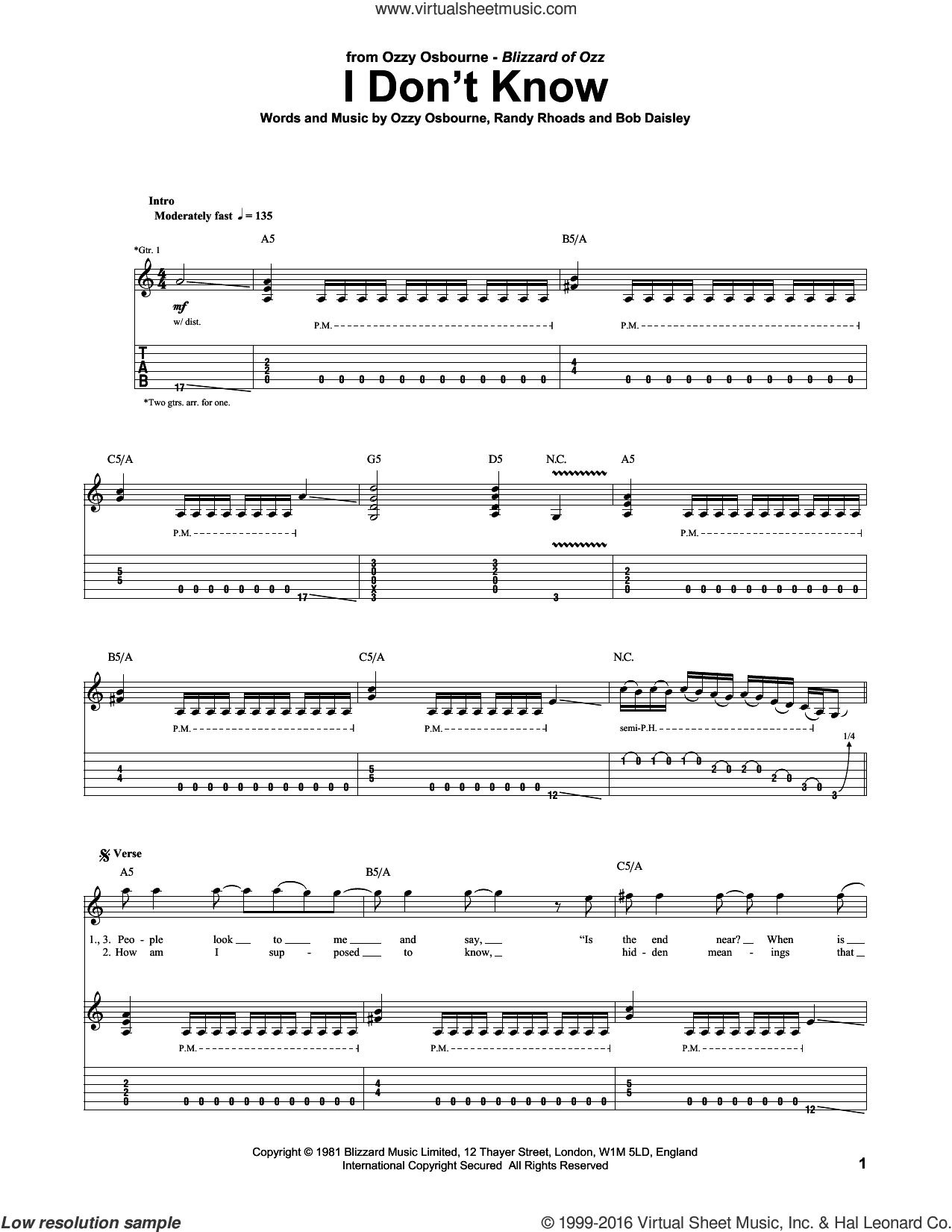 I Don't Know sheet music for guitar (tablature) (PDF) v2