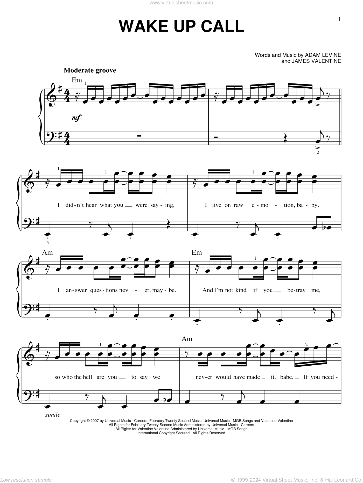 Maroon 5: Wake Up Call sheet music for piano solo (PDF)