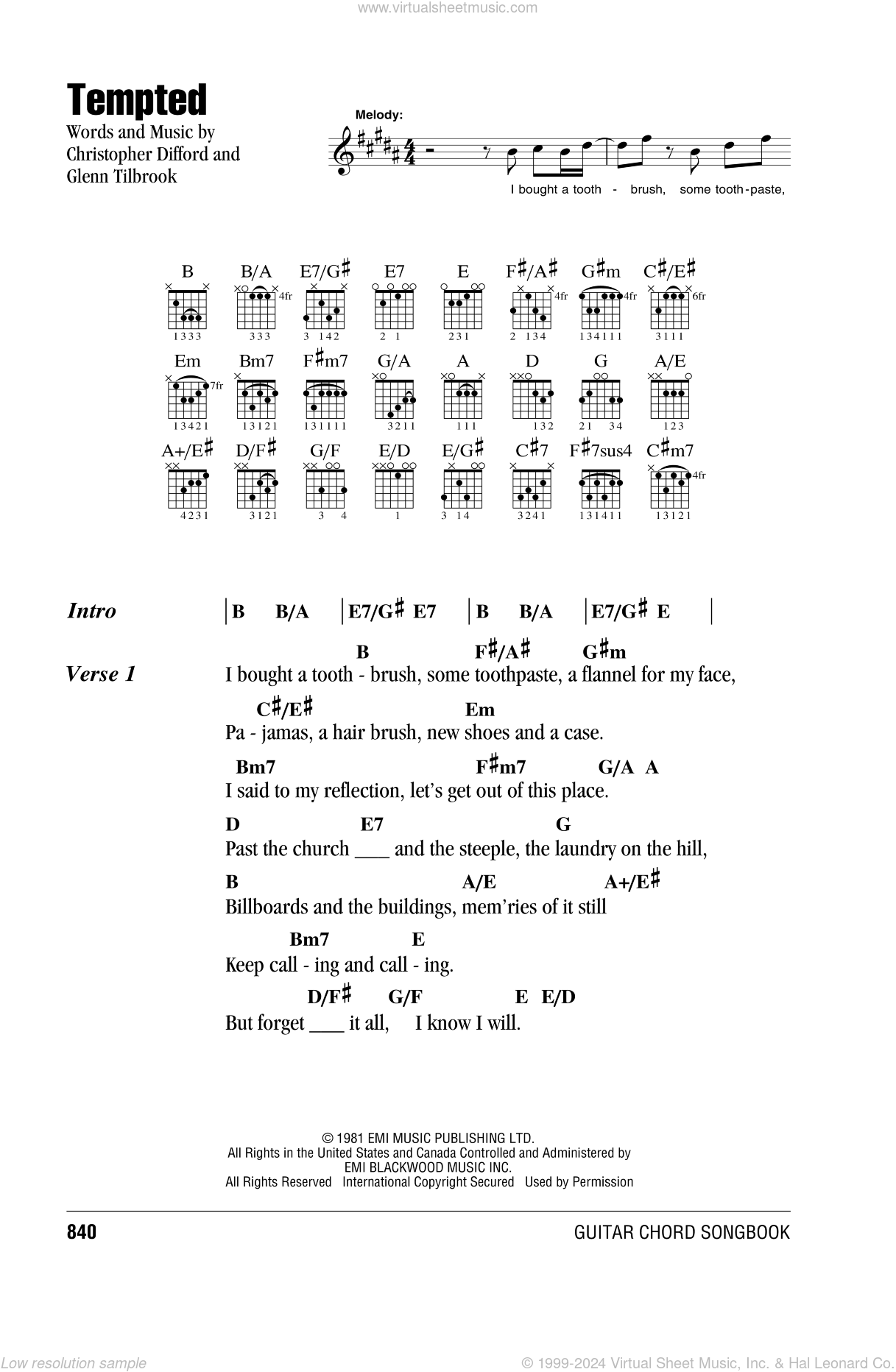 Tempted sheet music for guitar (chords) (PDF)
