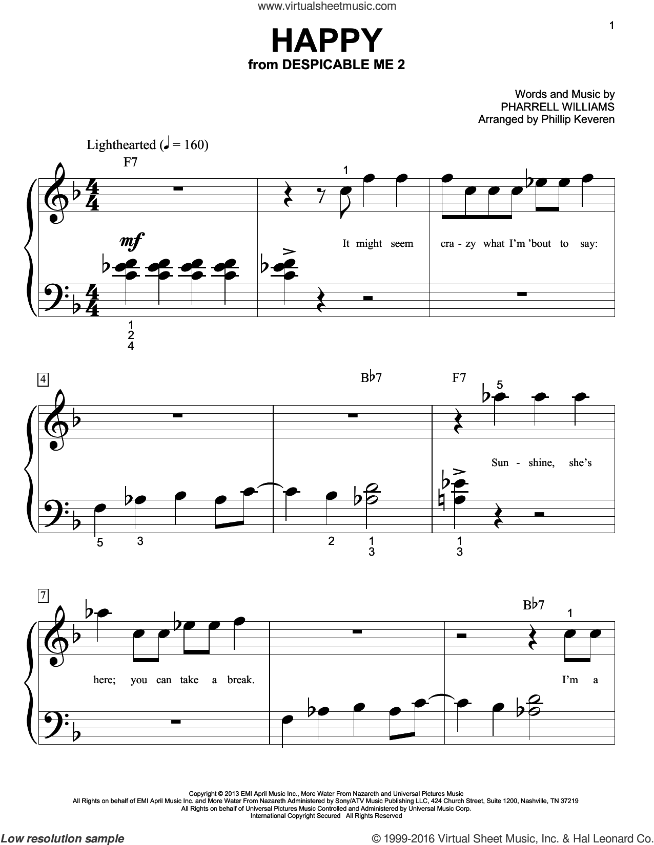 Happy (arr. Phillip Keveren) sheet music for piano solo (big note book)