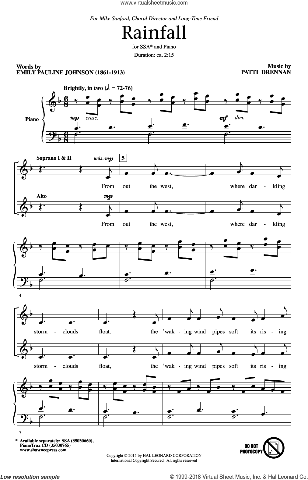 Rainfall sheet music for choir (SSA: soprano, alto) (PDF)