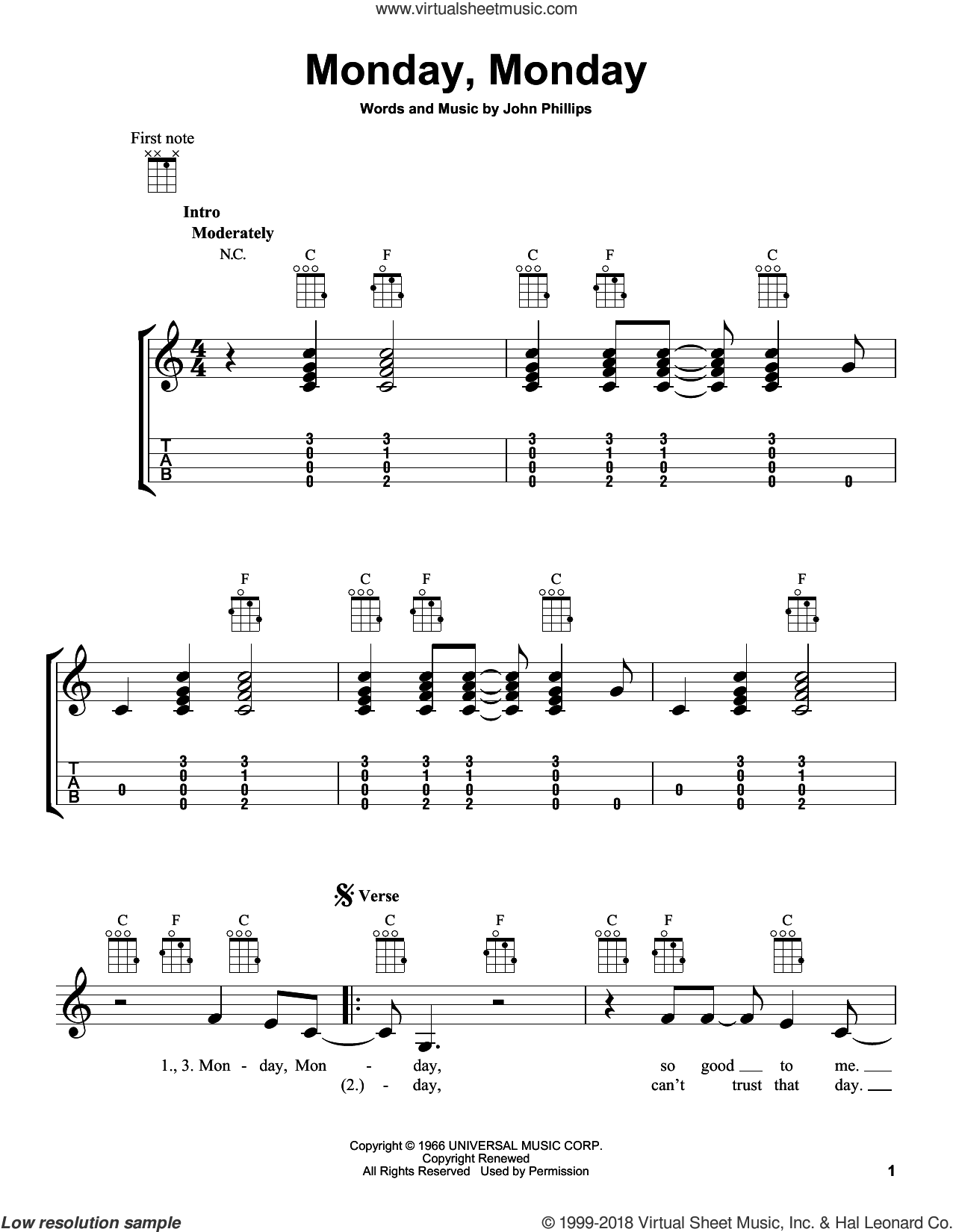 Monday, Monday sheet music for ukulele (PDF-interactive)