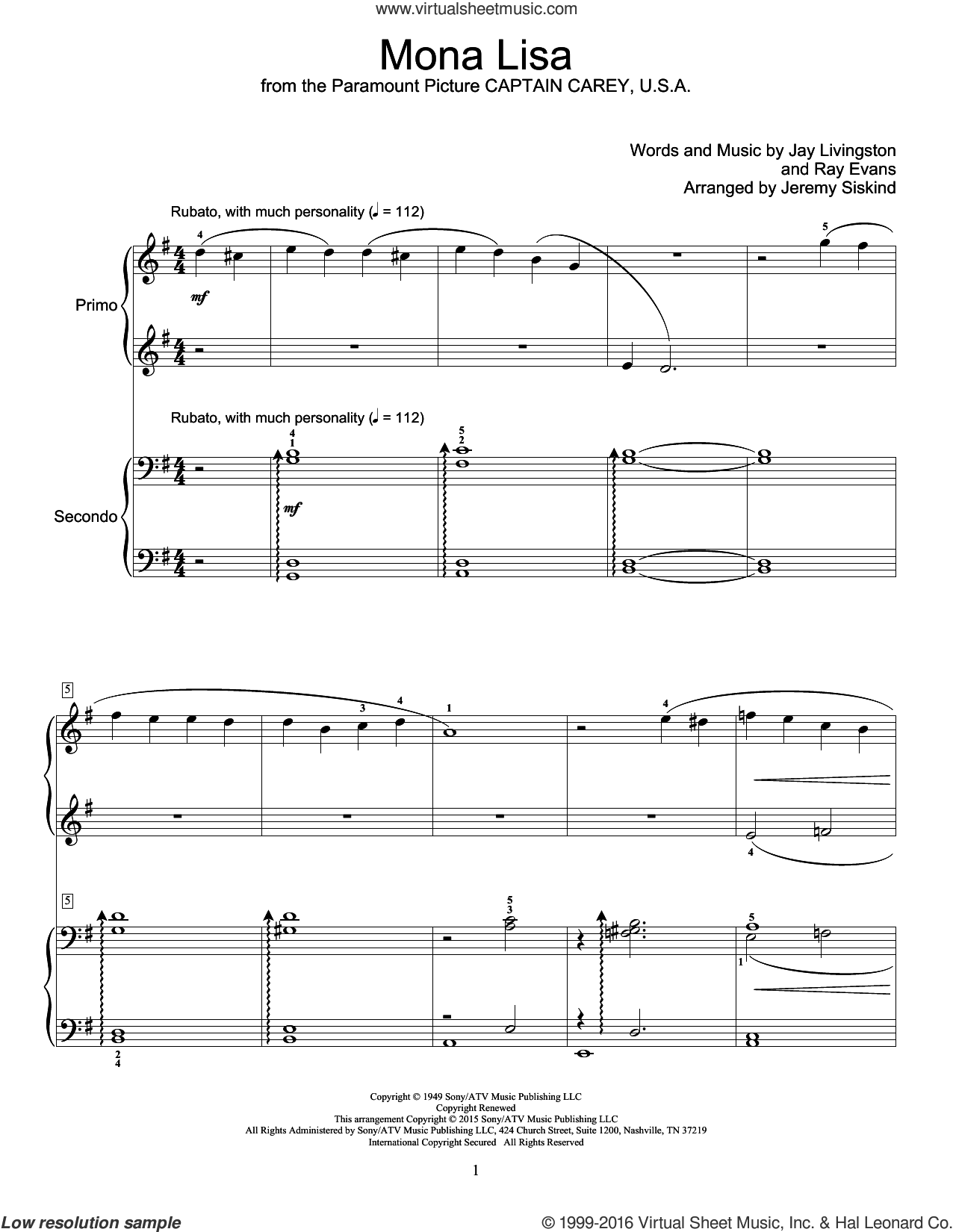 Mona Lisa sheet music for piano four hands (PDF-interactive)
