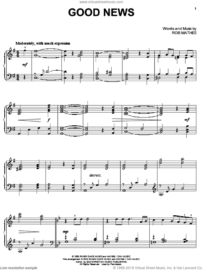 Kathy Mattea: Good News sheet music for piano solo (PDF)