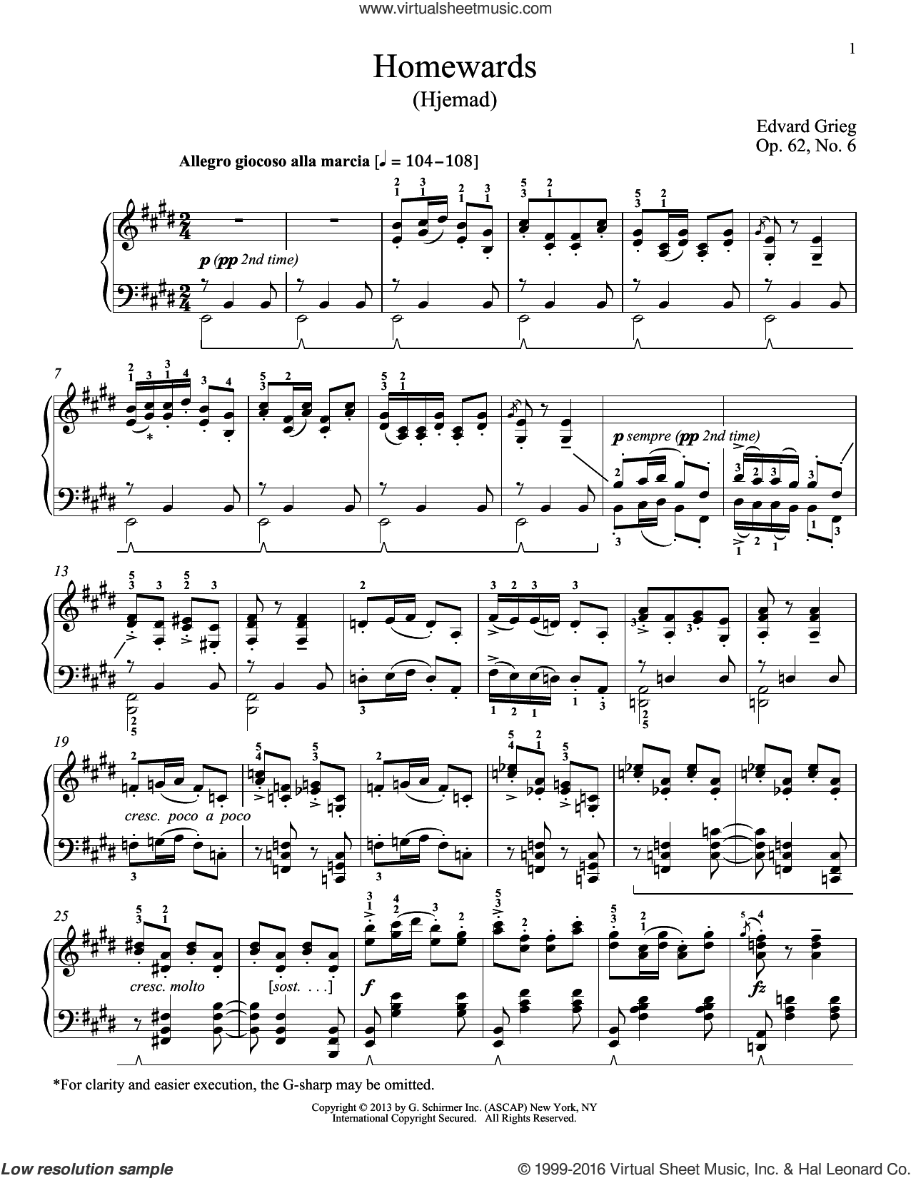 Homewards (Hjemad), Op. 62, No. 6 sheet music for piano solo v2