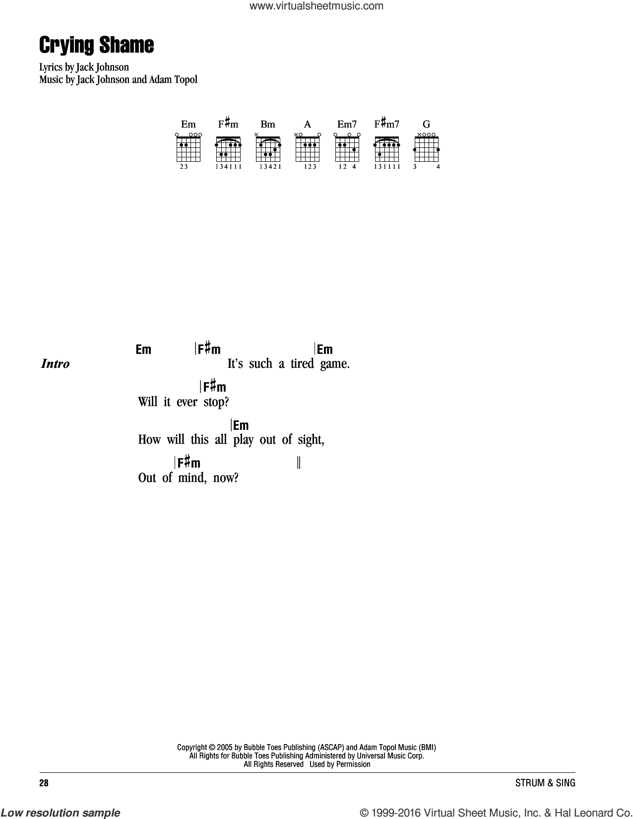 Crying Shame sheet music for guitar (chords) (PDF) v2