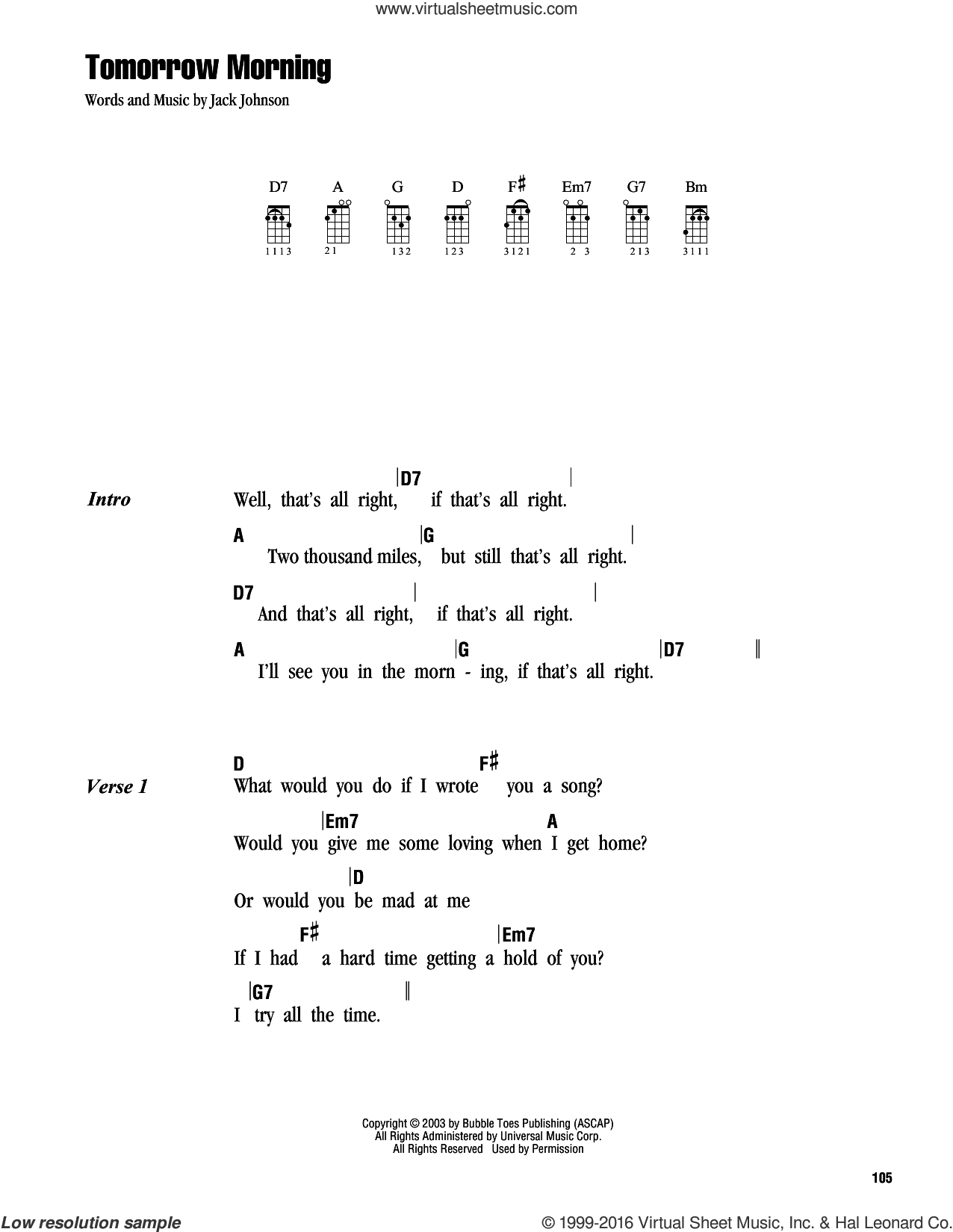 Tomorrow Morning sheet music for ukulele (chords) (PDF)