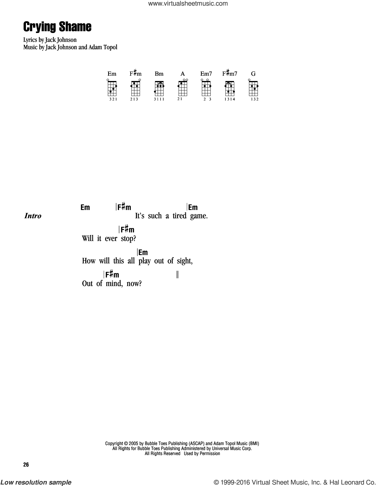 Crying Shame sheet music for ukulele (chords) (PDF)