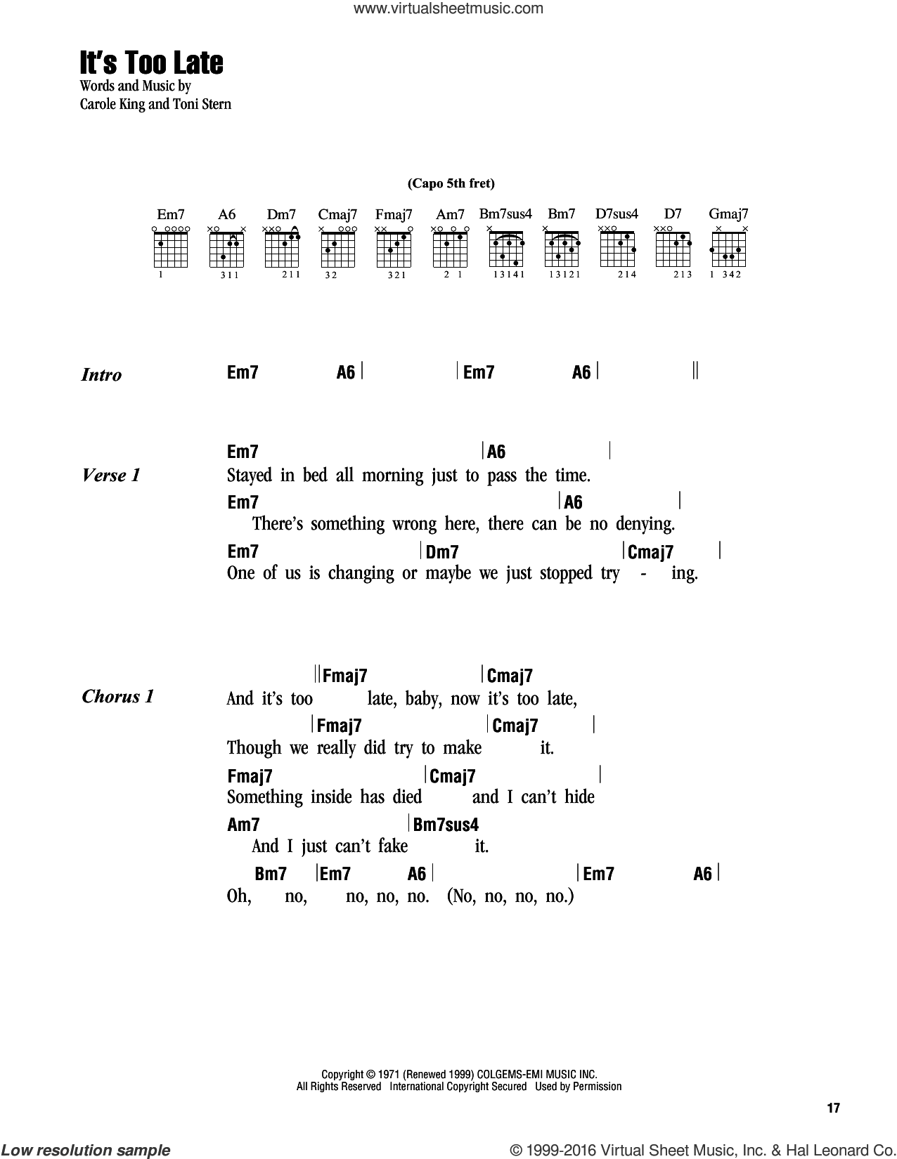 It's Too Late sheet music for guitar (chords) (PDF)