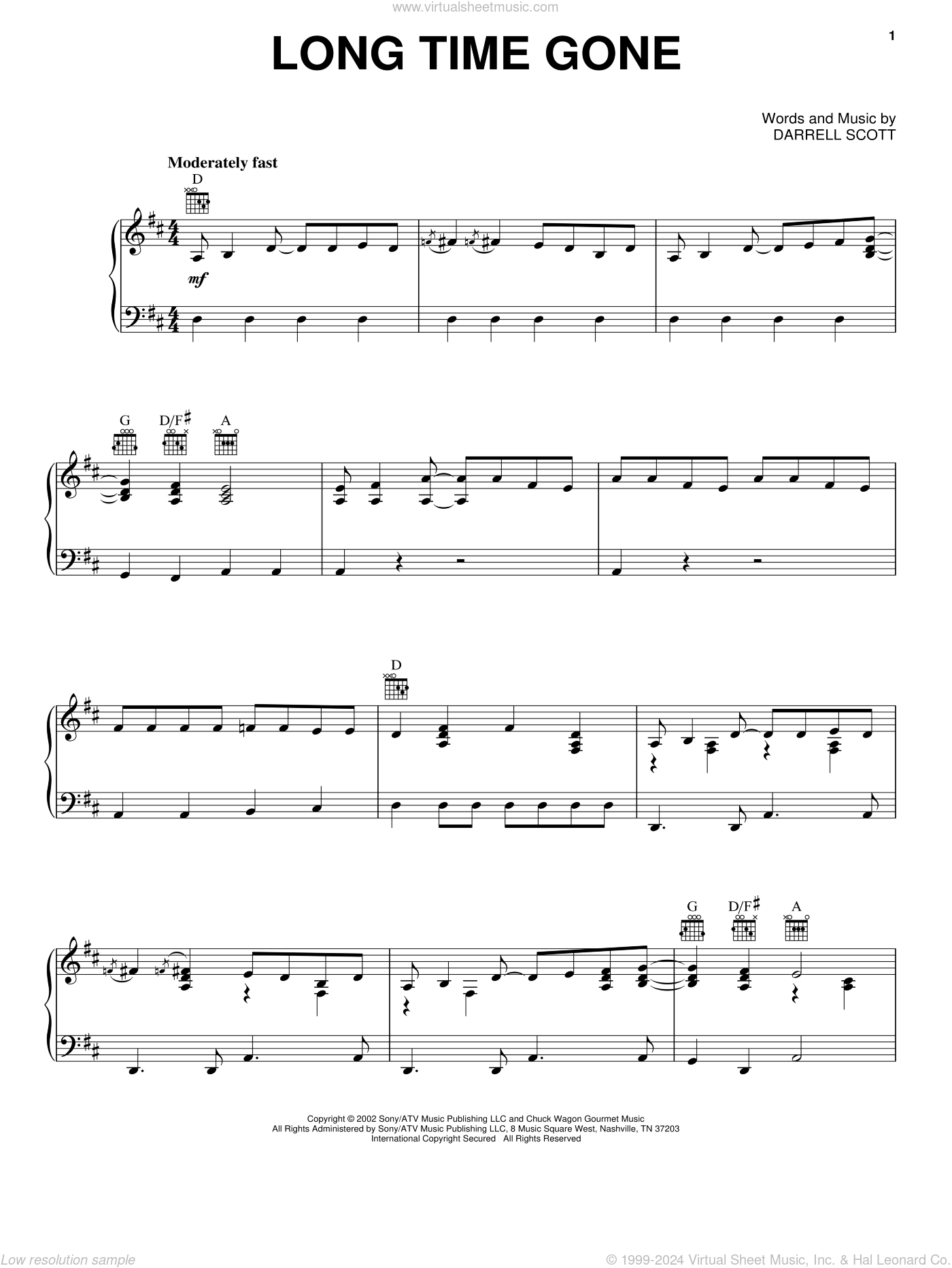 Long Time Gone sheet music for voice, piano or guitar (PDF)