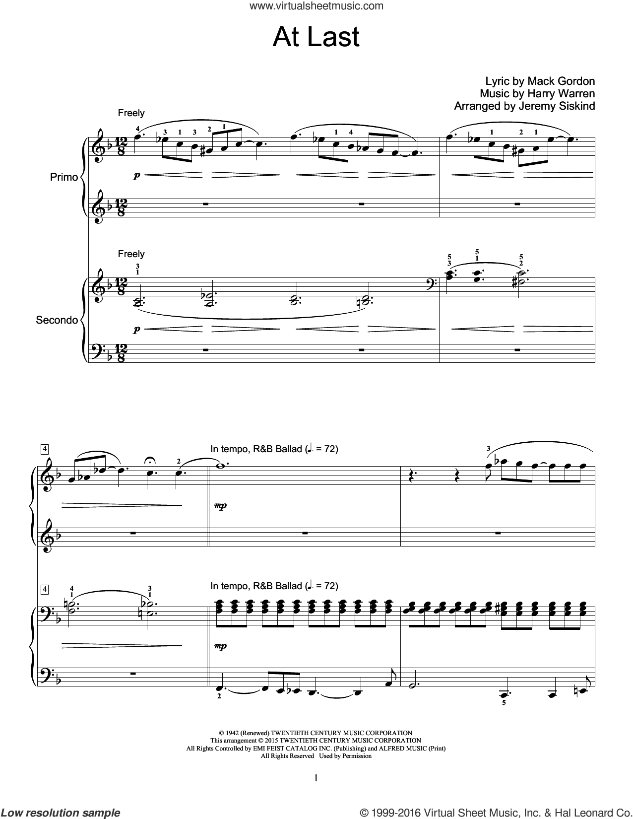 At Last (arr. Jeremy Siskind) sheet music for piano four hands