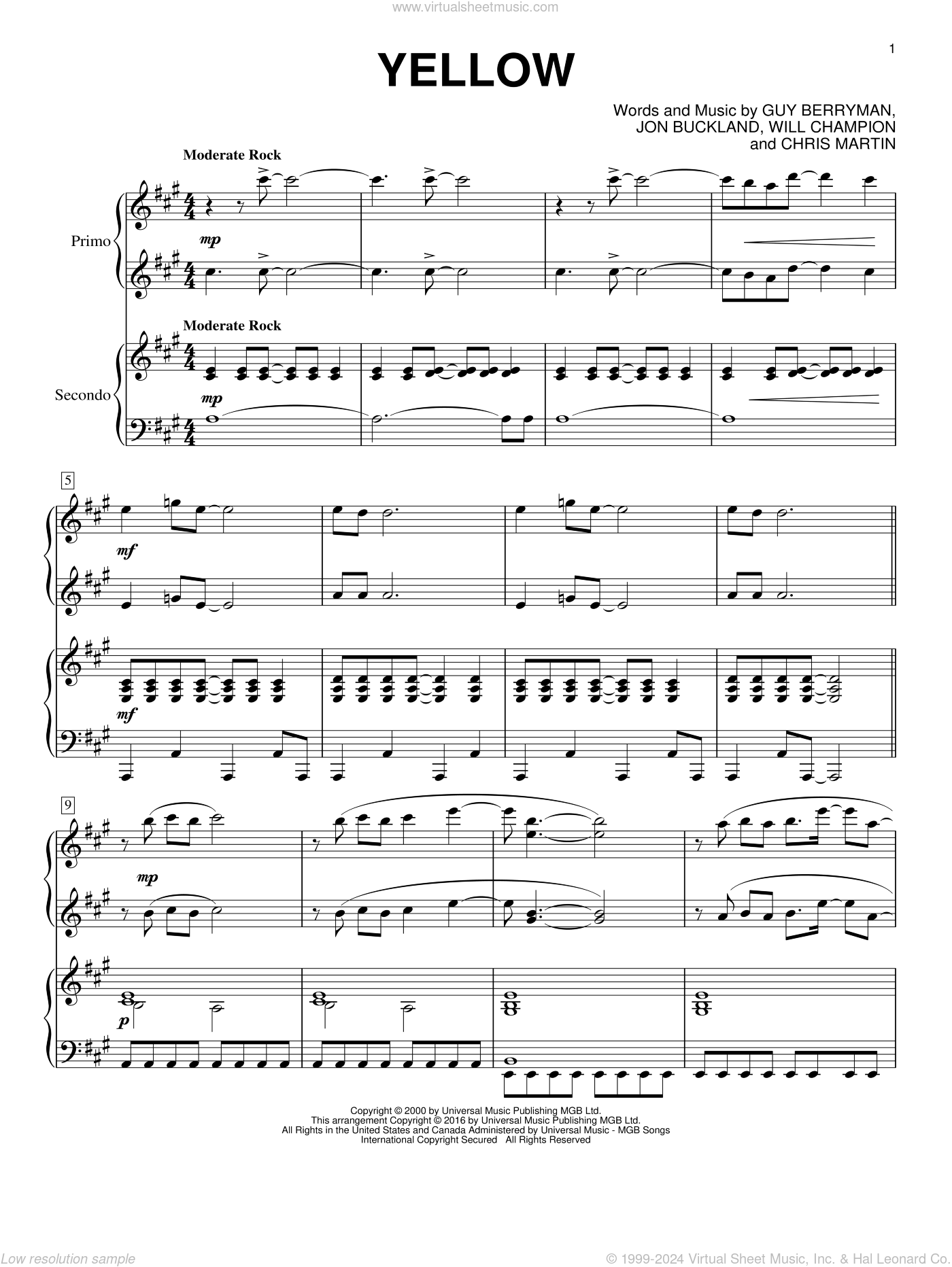 Yellow sheet music for piano four hands (PDF-interactive)