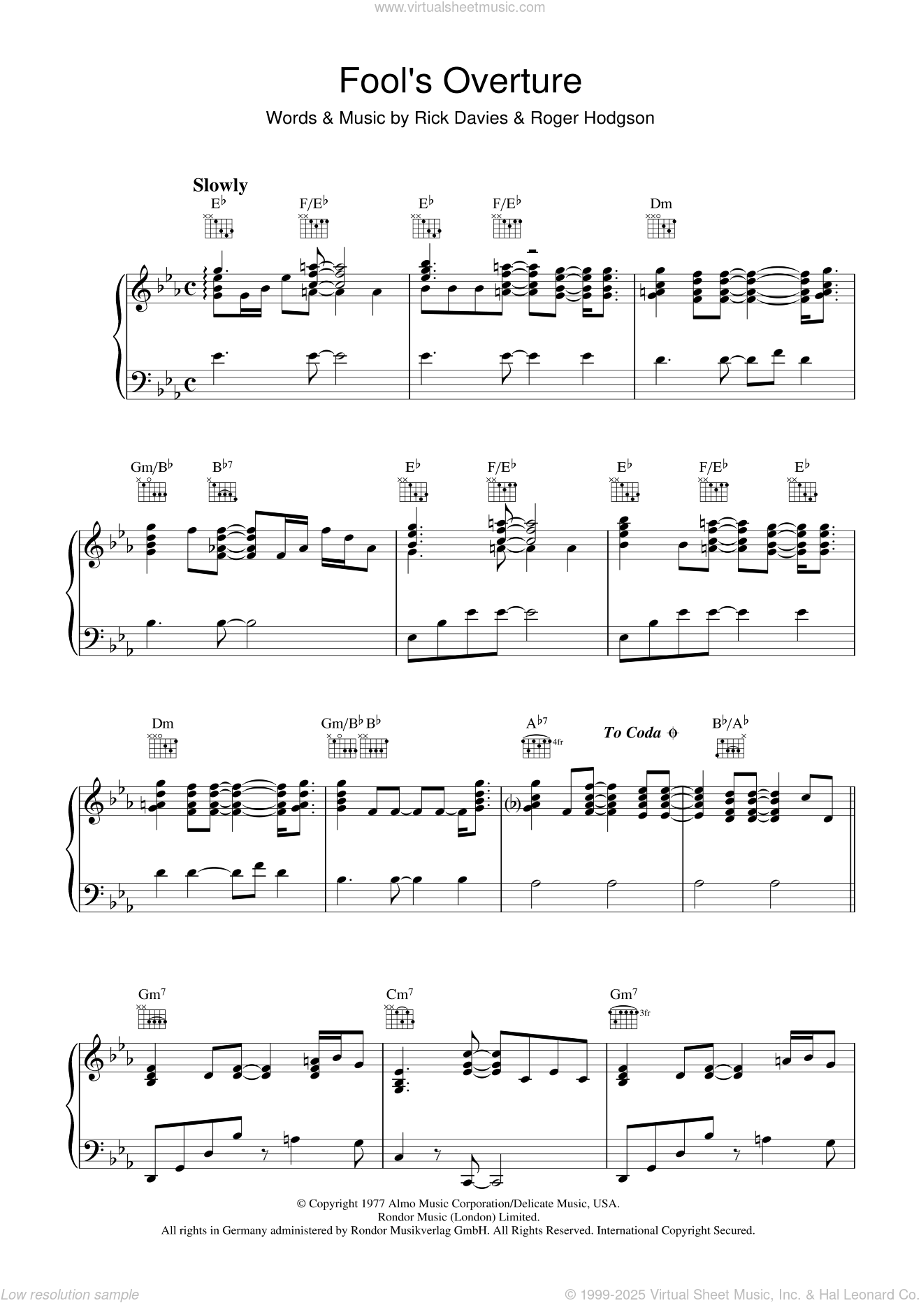 Fool's Overture sheet music for voice, piano or guitar (PDF)