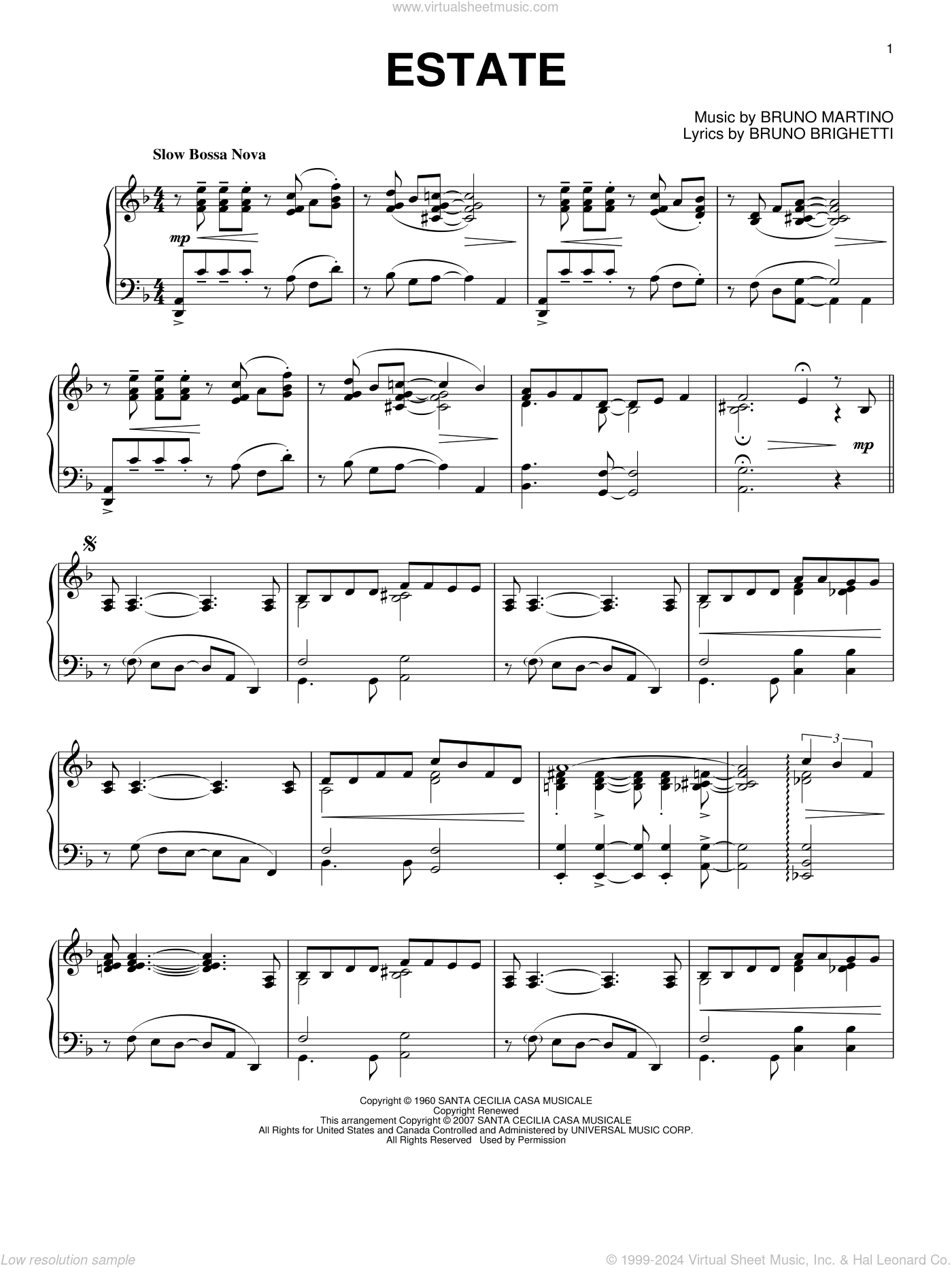 Bruno Martino: Estate sheet music for piano solo (PDF)