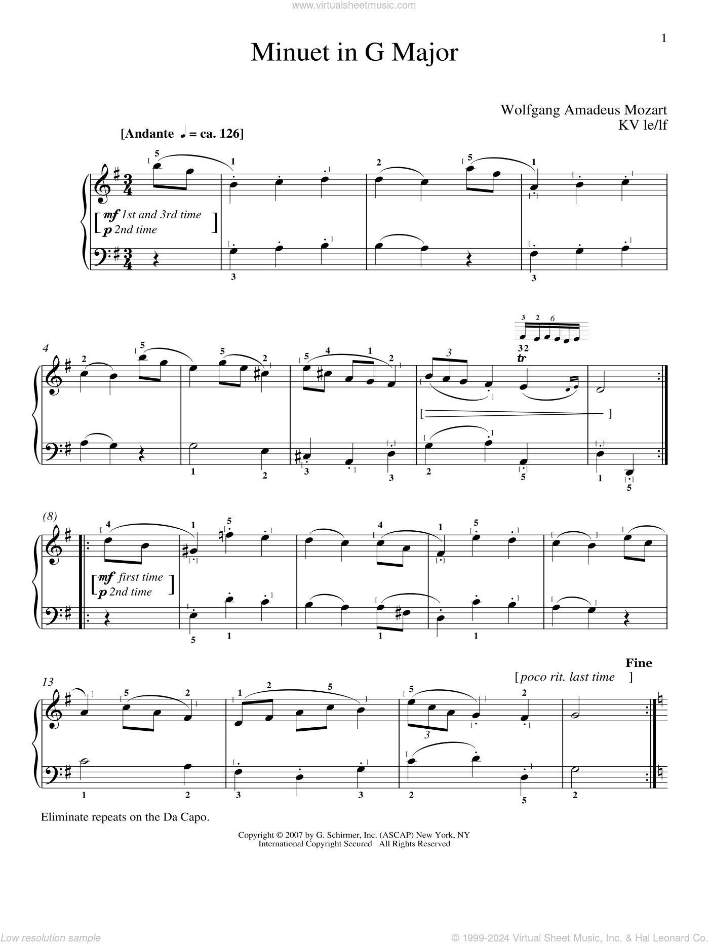 Minuet In G Major, K. 1 sheet music for piano solo (PDF)