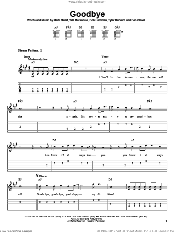 Goodbye sheet music for guitar solo (easy tablature) (PDF)