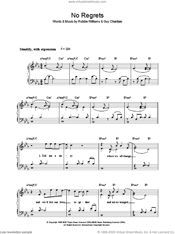 Williams - No Regrets sheet music for voice, piano or guitar