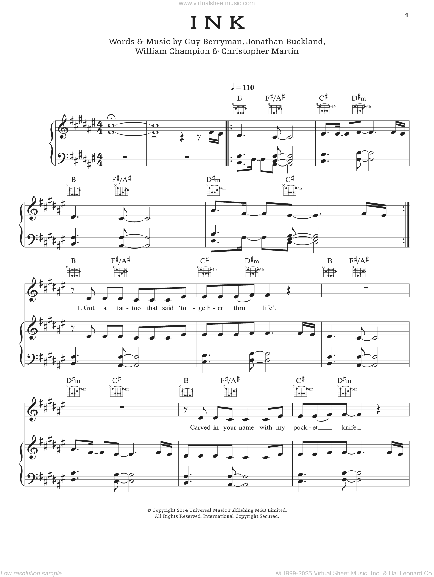 Ink sheet music for voice, piano or guitar (PDF)