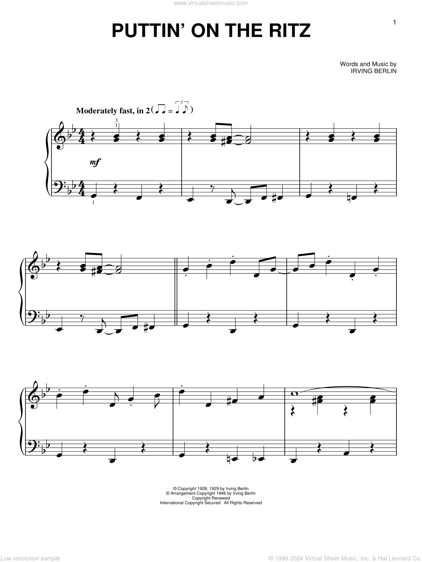 Puttin' On The Ritz sheet music (easy) for piano solo (PDF)