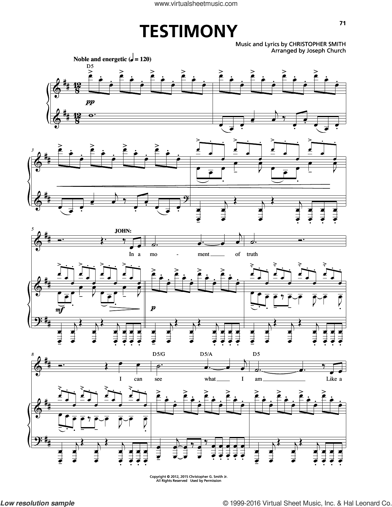 Testimony sheet music for voice and piano (PDF)