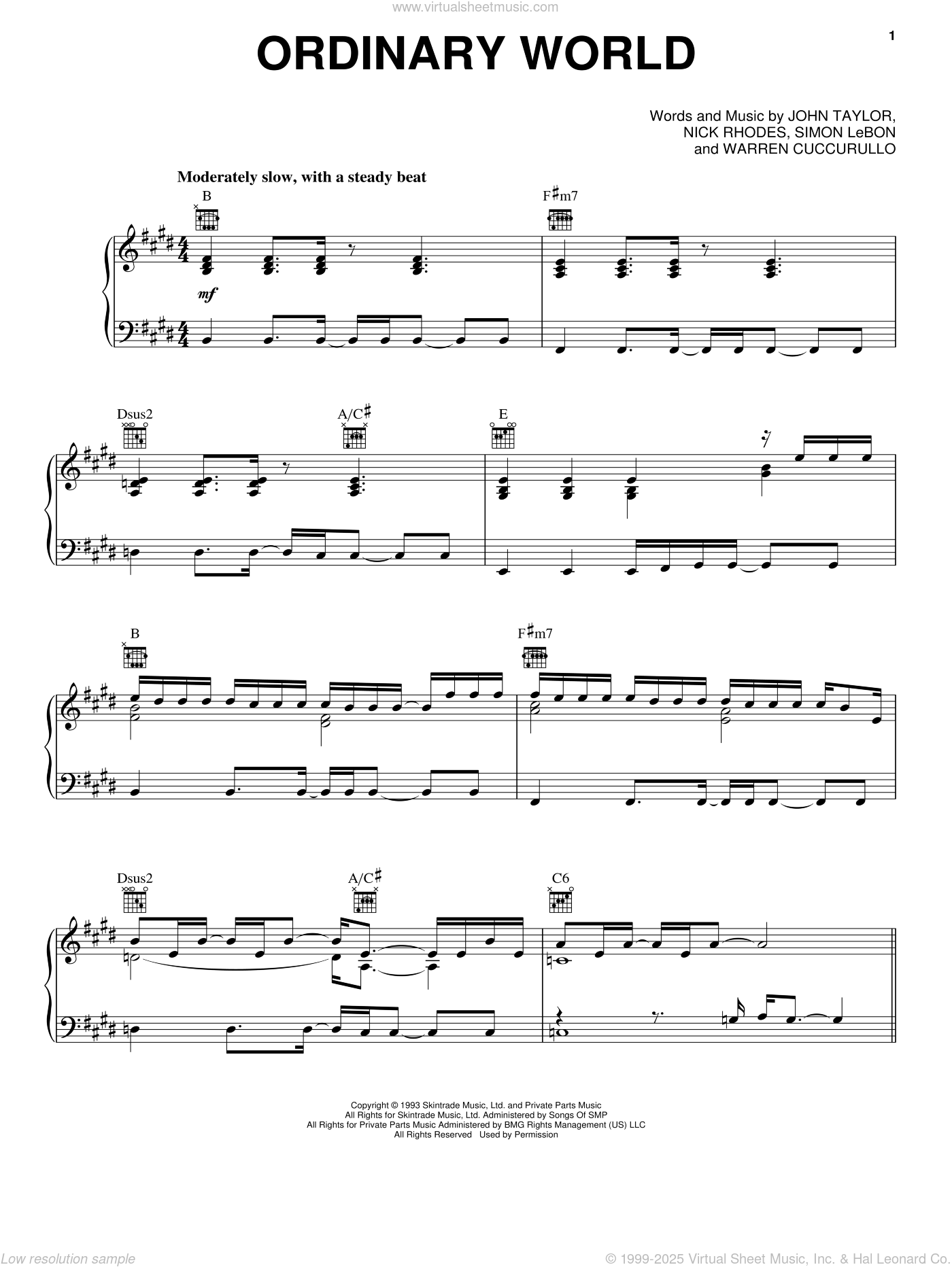 Ordinary World sheet music for voice, piano or guitar (PDF)