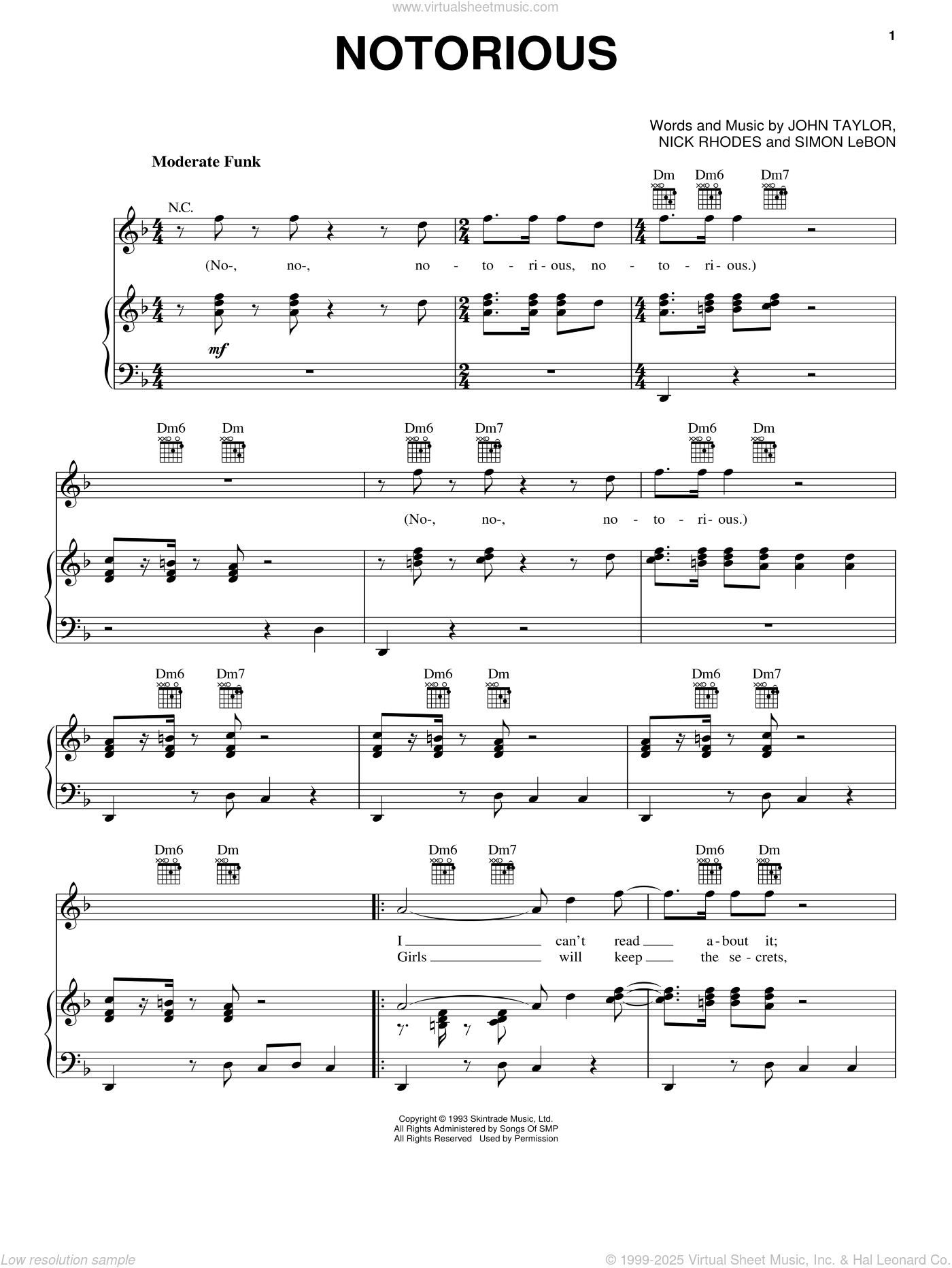 Notorious sheet music for voice, piano or guitar (PDF)