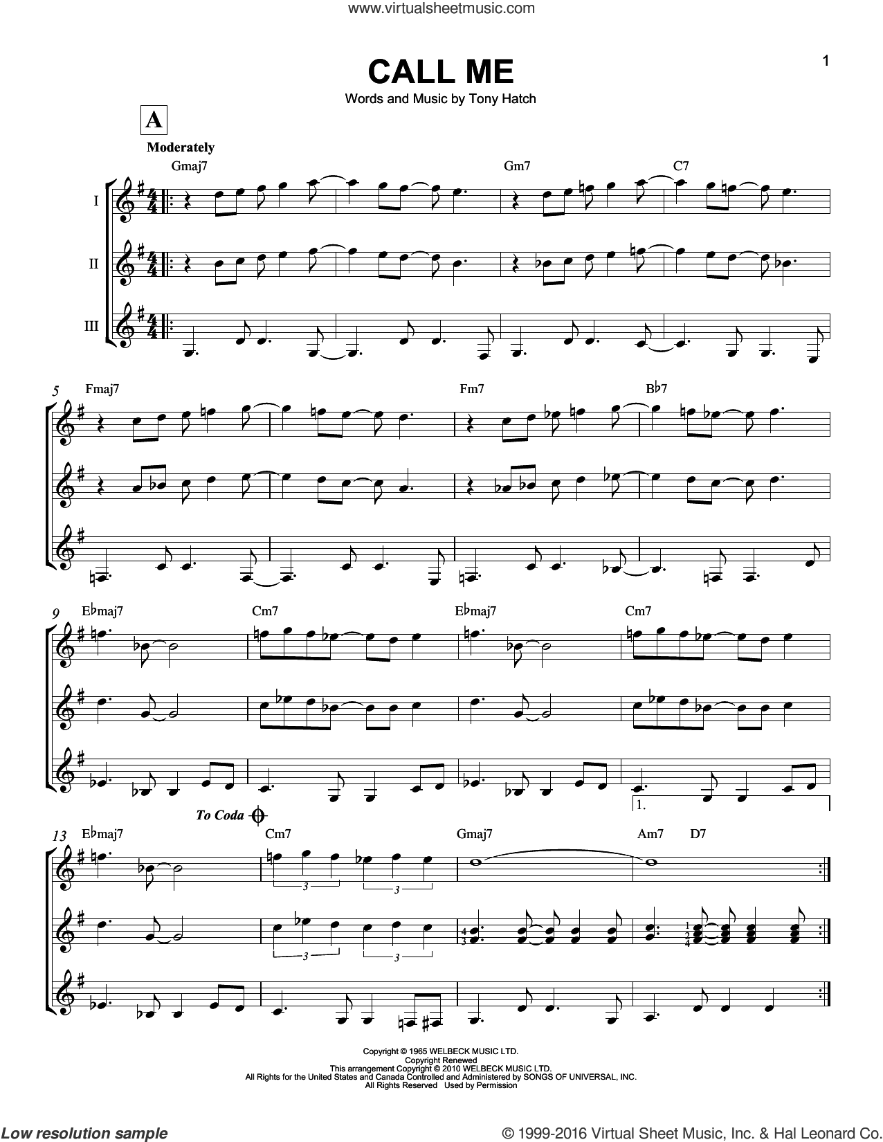 Call Me sheet music for guitar ensemble (PDF)