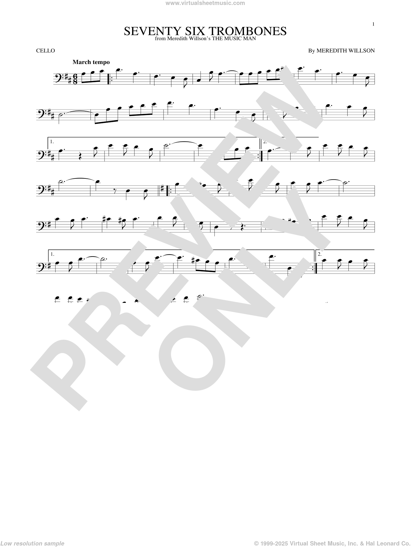 Seventy Six Trombones sheet music for cello solo (PDF)