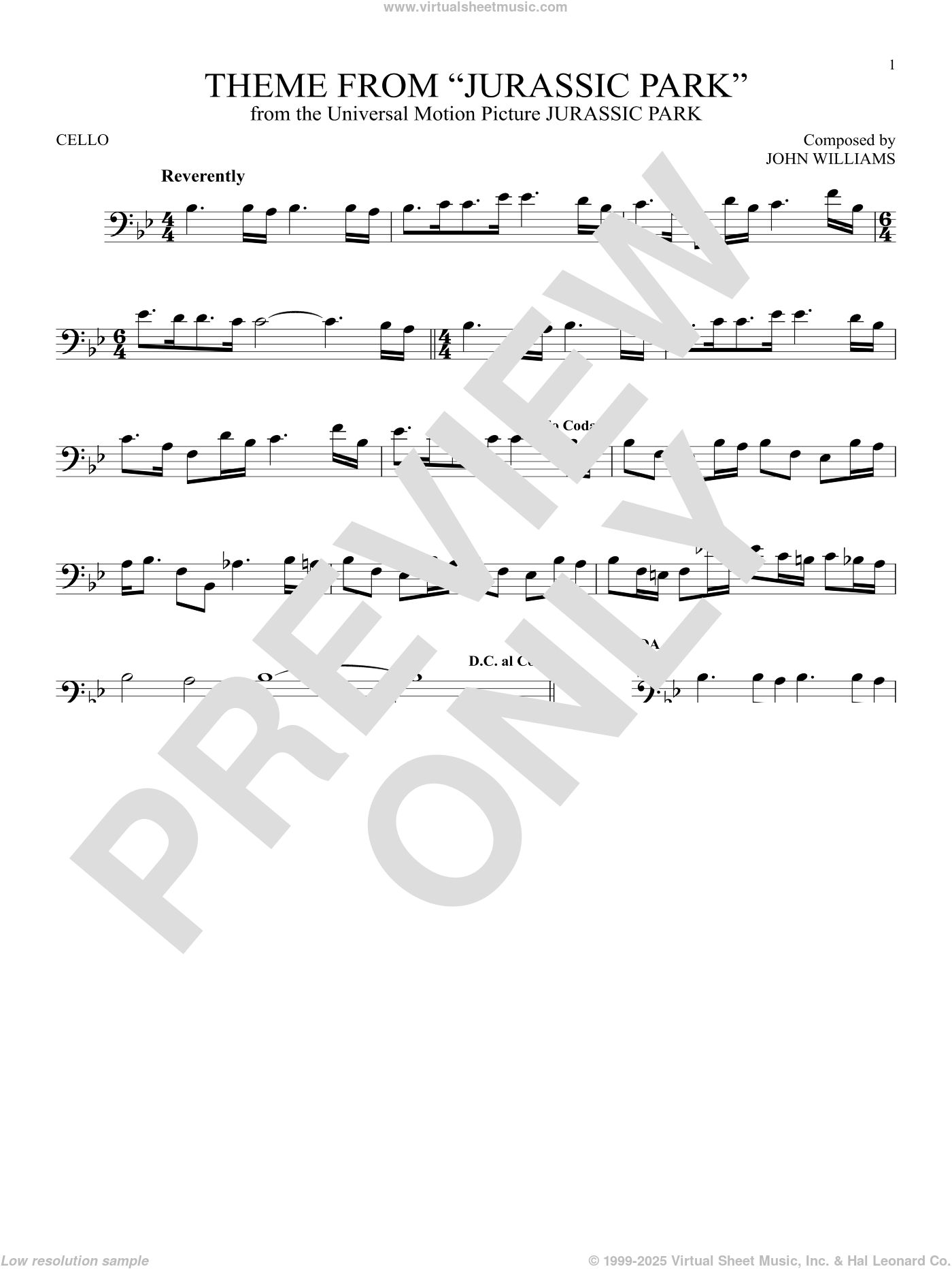 Theme From Jurassic Park sheet music for cello solo (PDF)