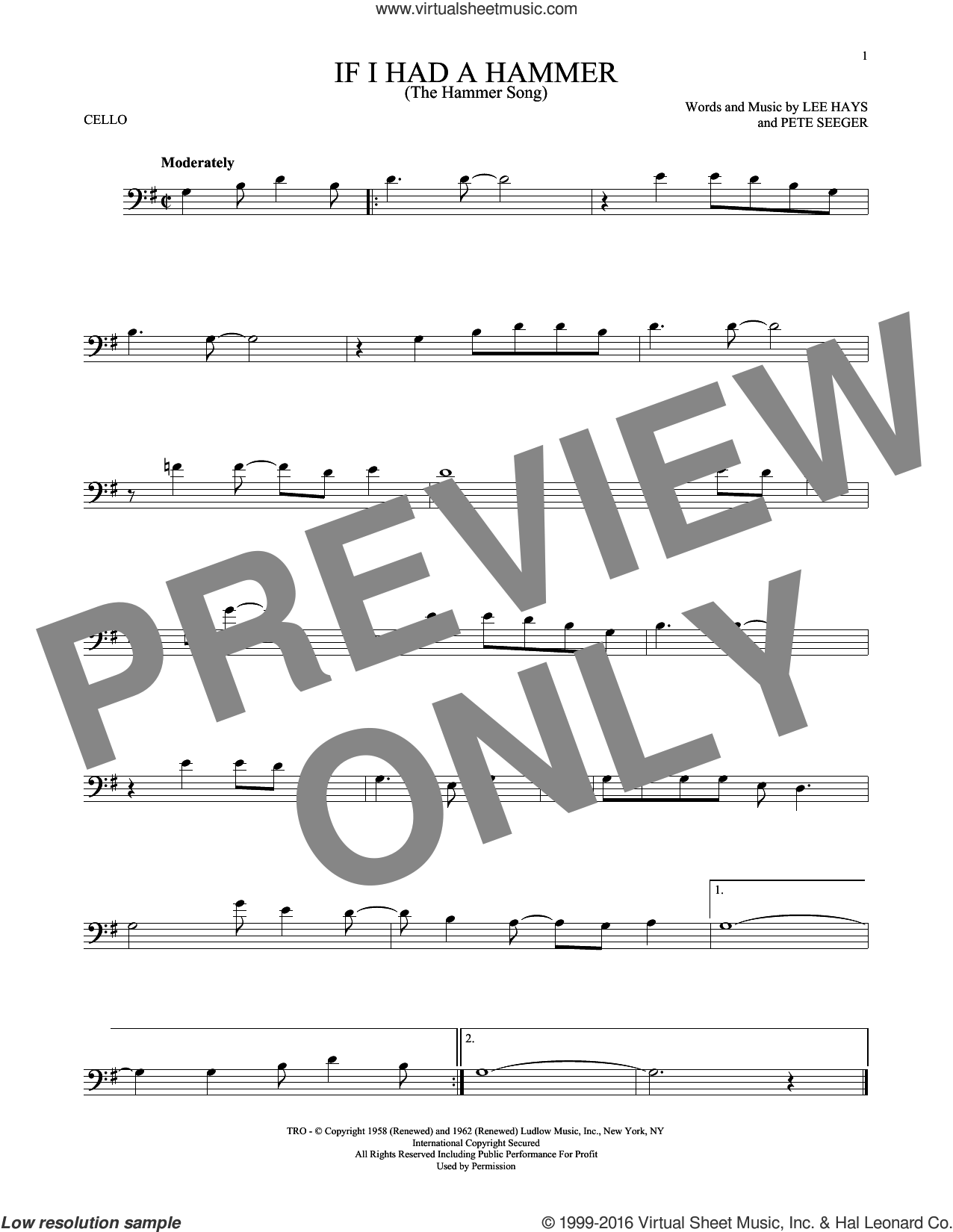 If I Had A Hammer (The Hammer Song) sheet music for cello solo