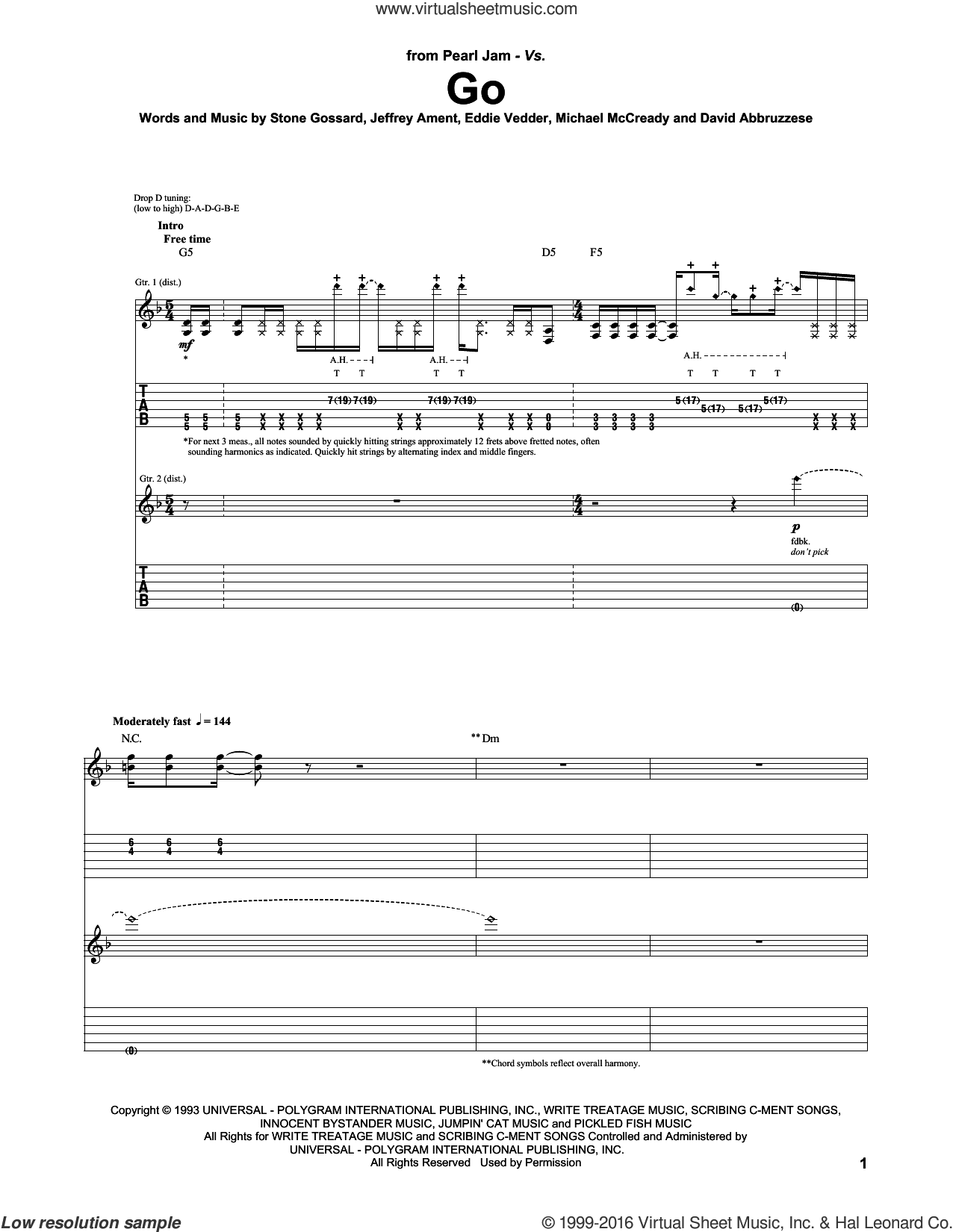 Pearl Jam: Go sheet music for guitar (tablature) (PDF)