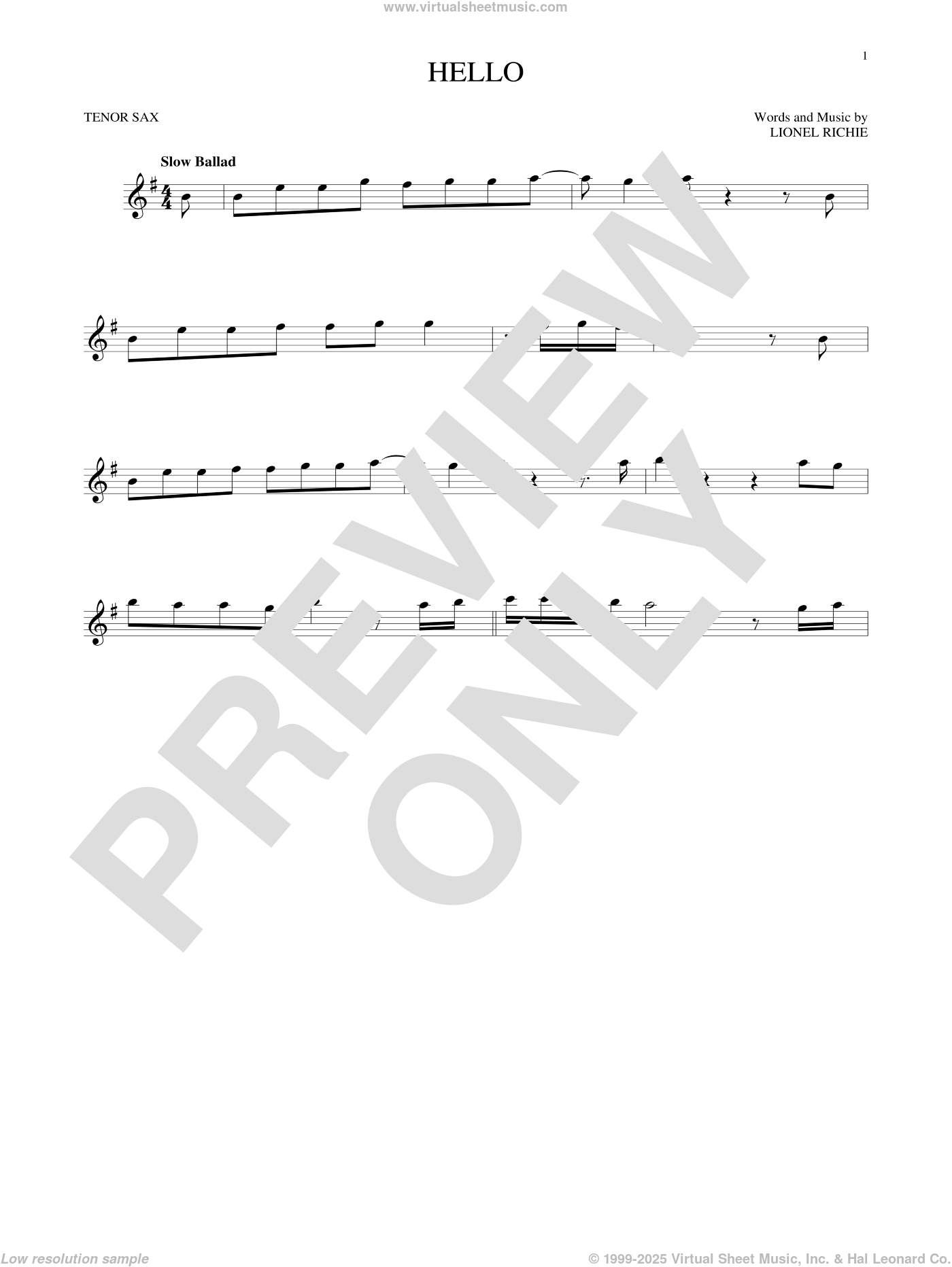 Lionel Richie: Hello sheet music for tenor saxophone solo (PDF)