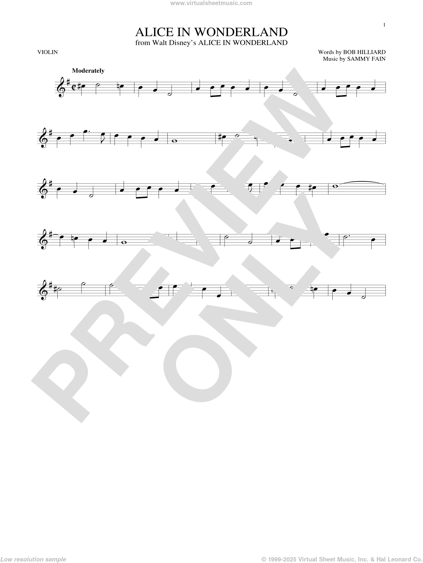 Alice In Wonderland sheet music for violin solo (PDF-interactive)
