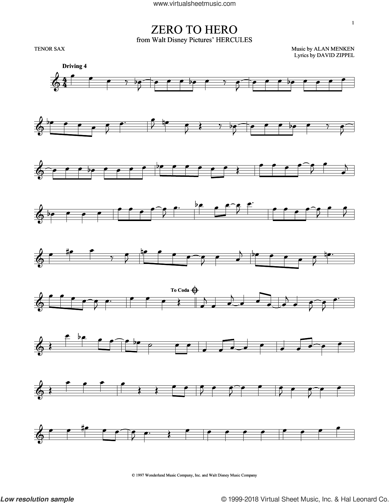 Zero To Hero (from Hercules) sheet music for tenor saxophone solo