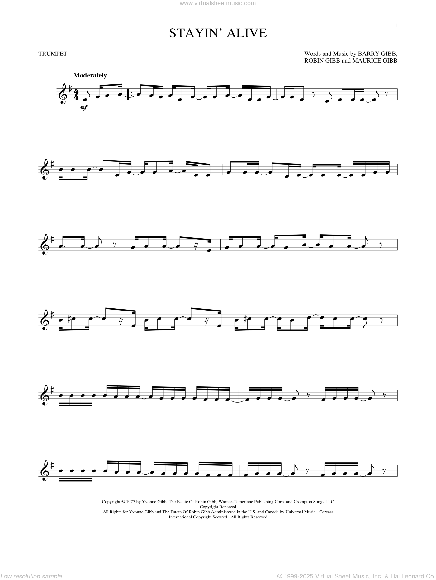 Stayin' Alive sheet music for trumpet solo (PDF-interactive)