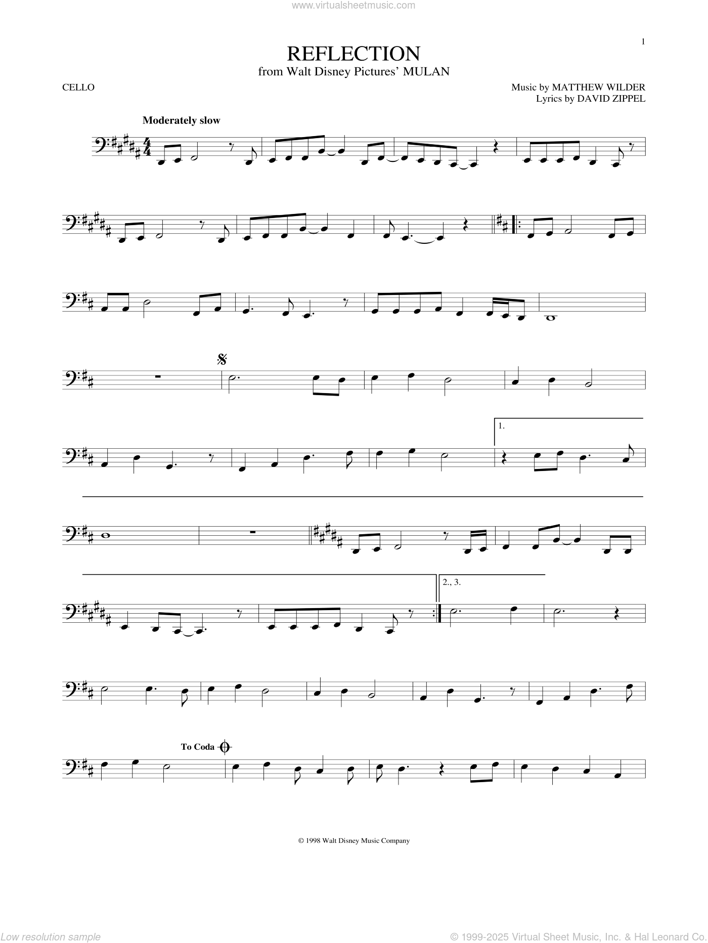 Reflection (Pop Version) (from Mulan) sheet music for cello solo