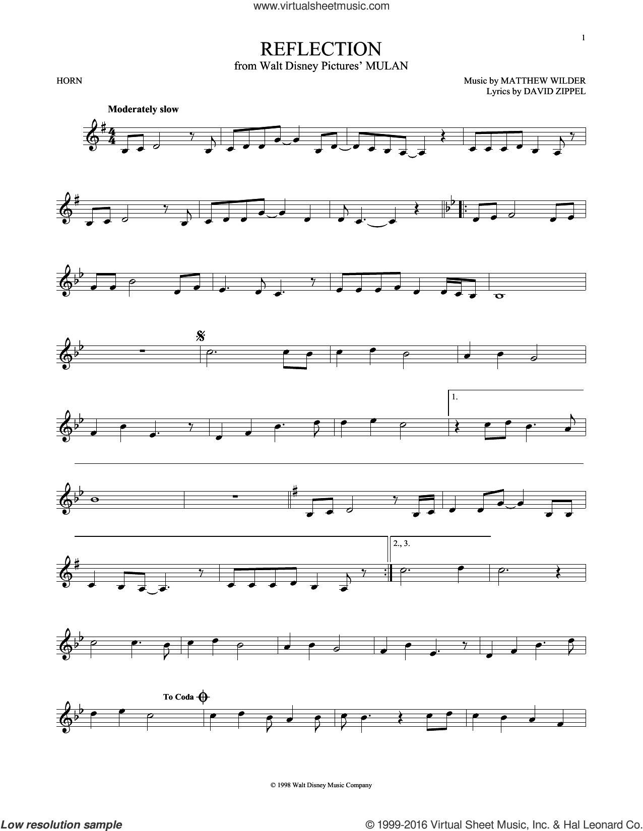 Reflection (Pop Version) (from Mulan) sheet music for horn solo
