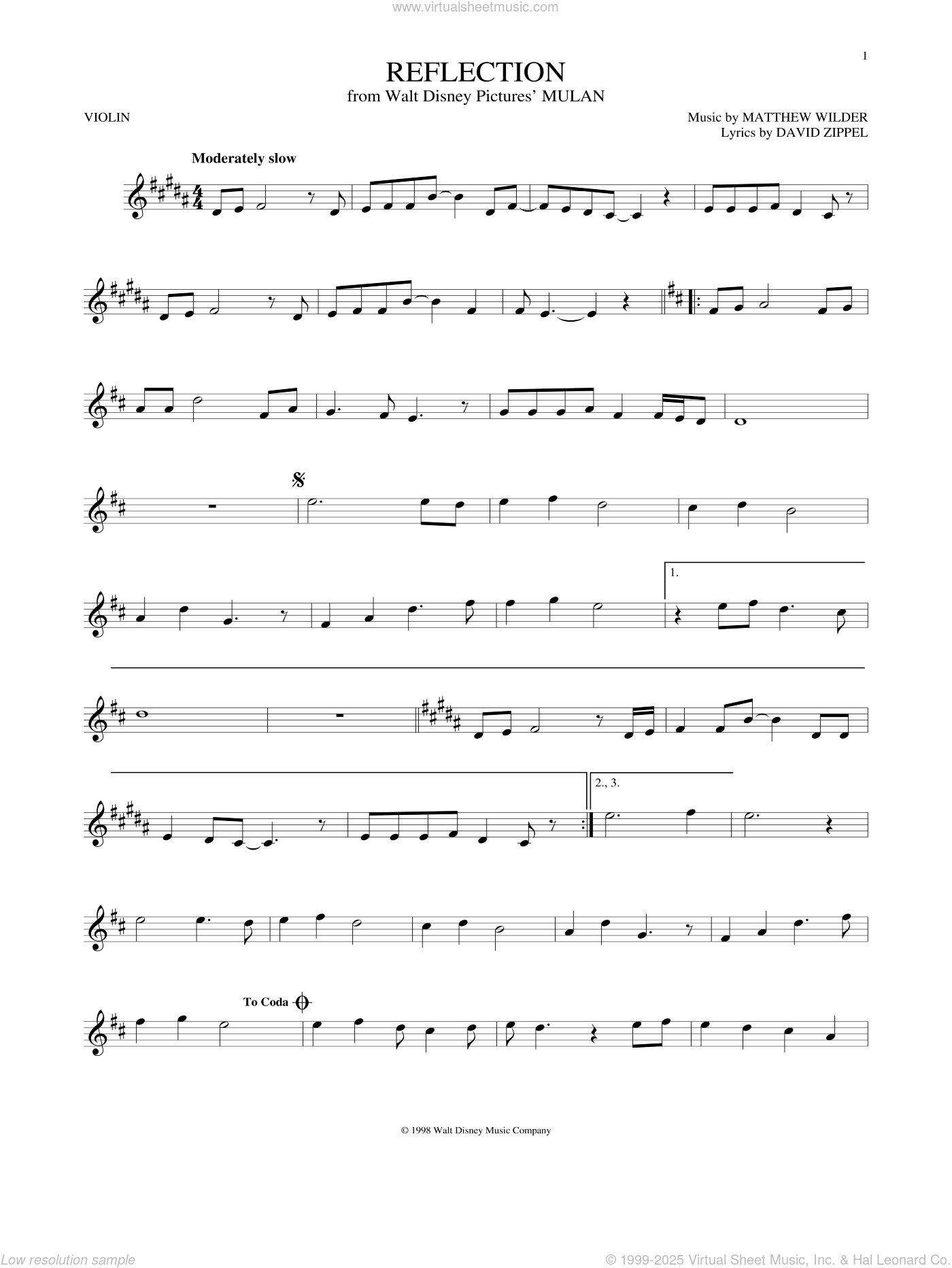 Reflection (Pop Version) (from Mulan) sheet music for violin solo