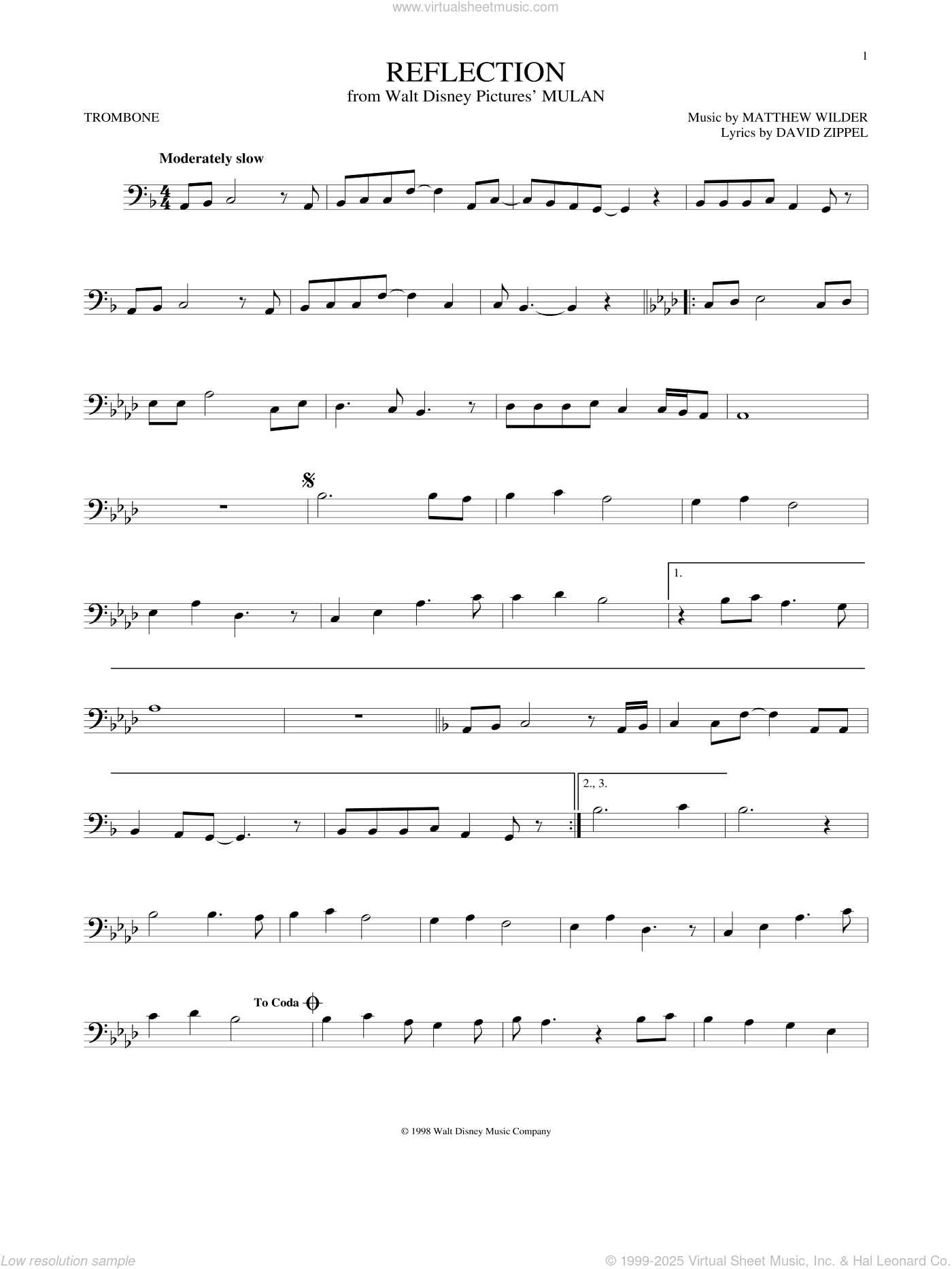 Reflection (Pop Version) (from Mulan) sheet music for trombone solo