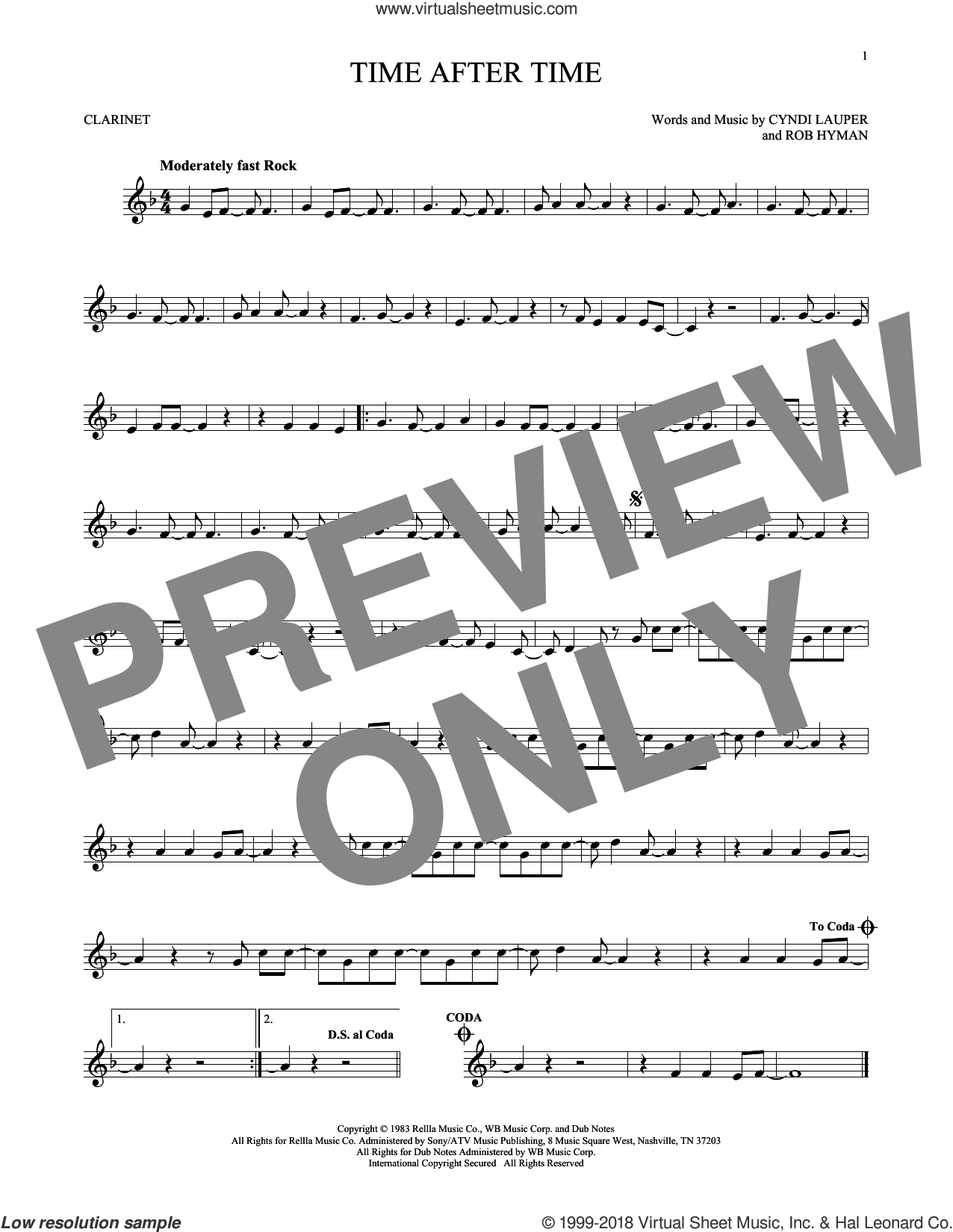 Time After Time sheet music for clarinet solo (PDF-interactive)