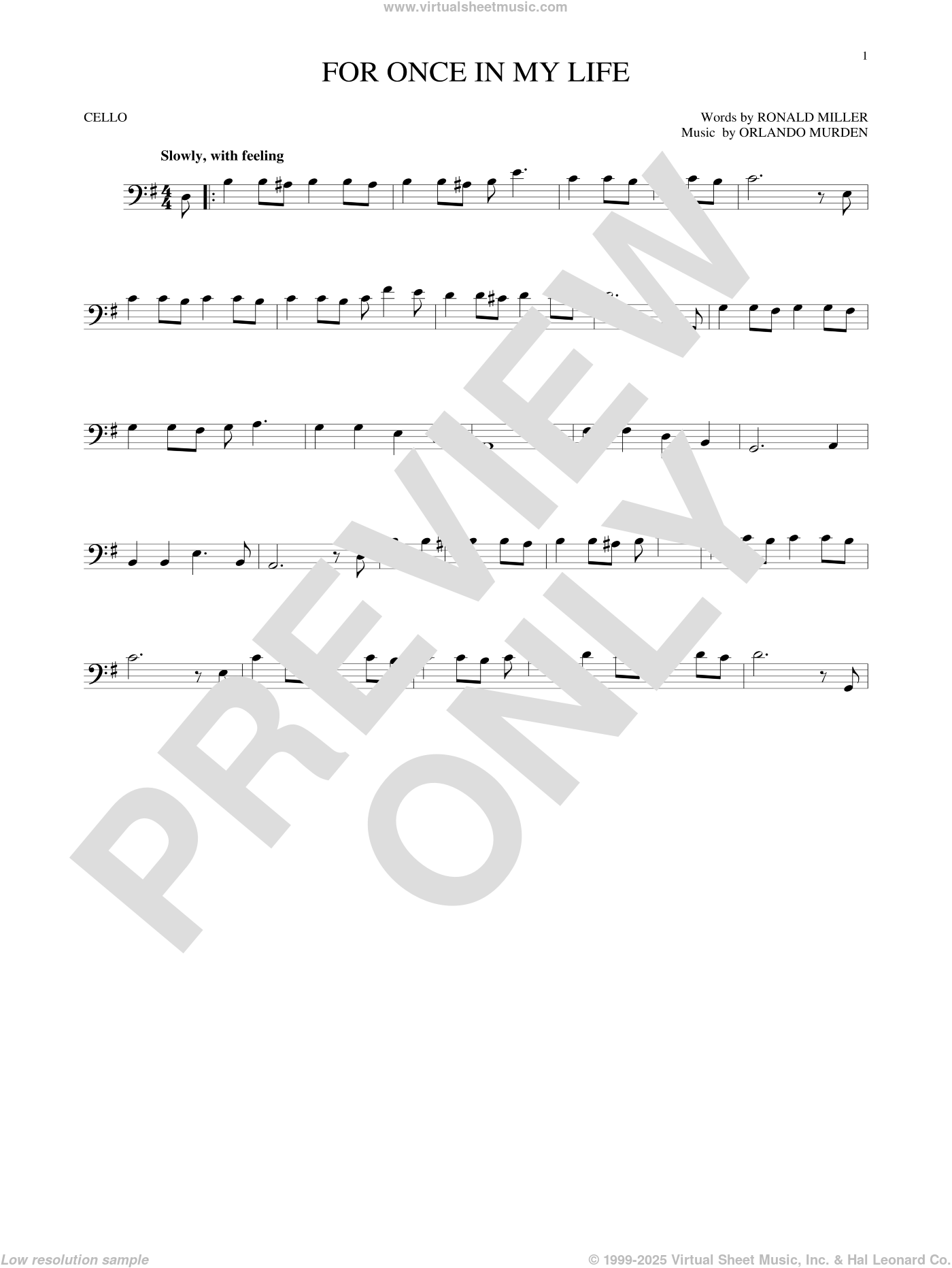 For Once In My Life sheet music for cello solo (PDF-interactive)