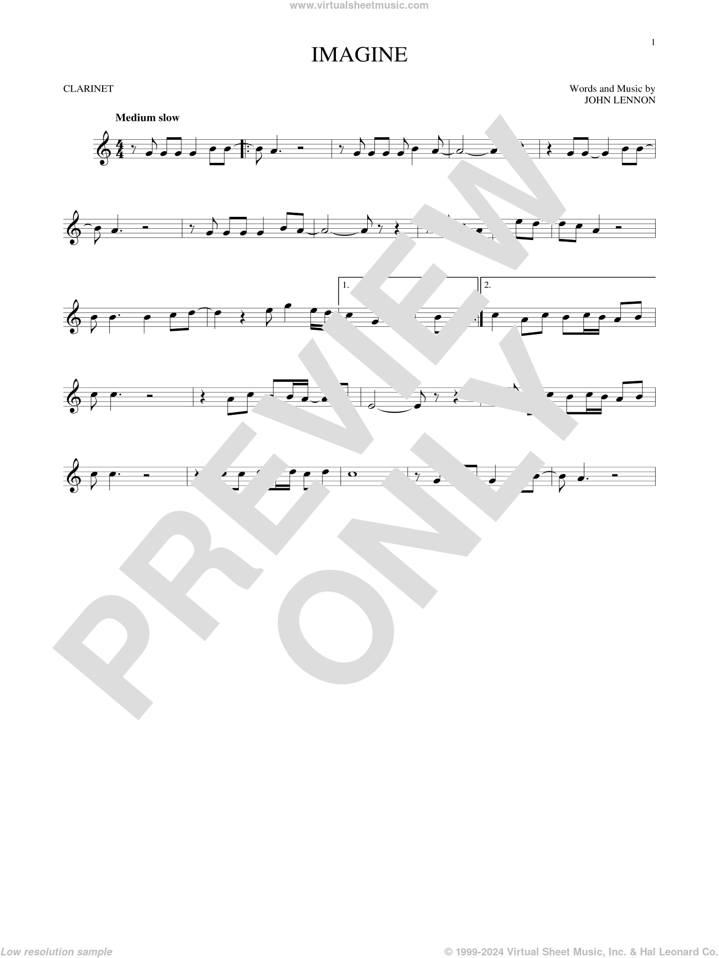 Imagine sheet music for clarinet solo (PDF-interactive)