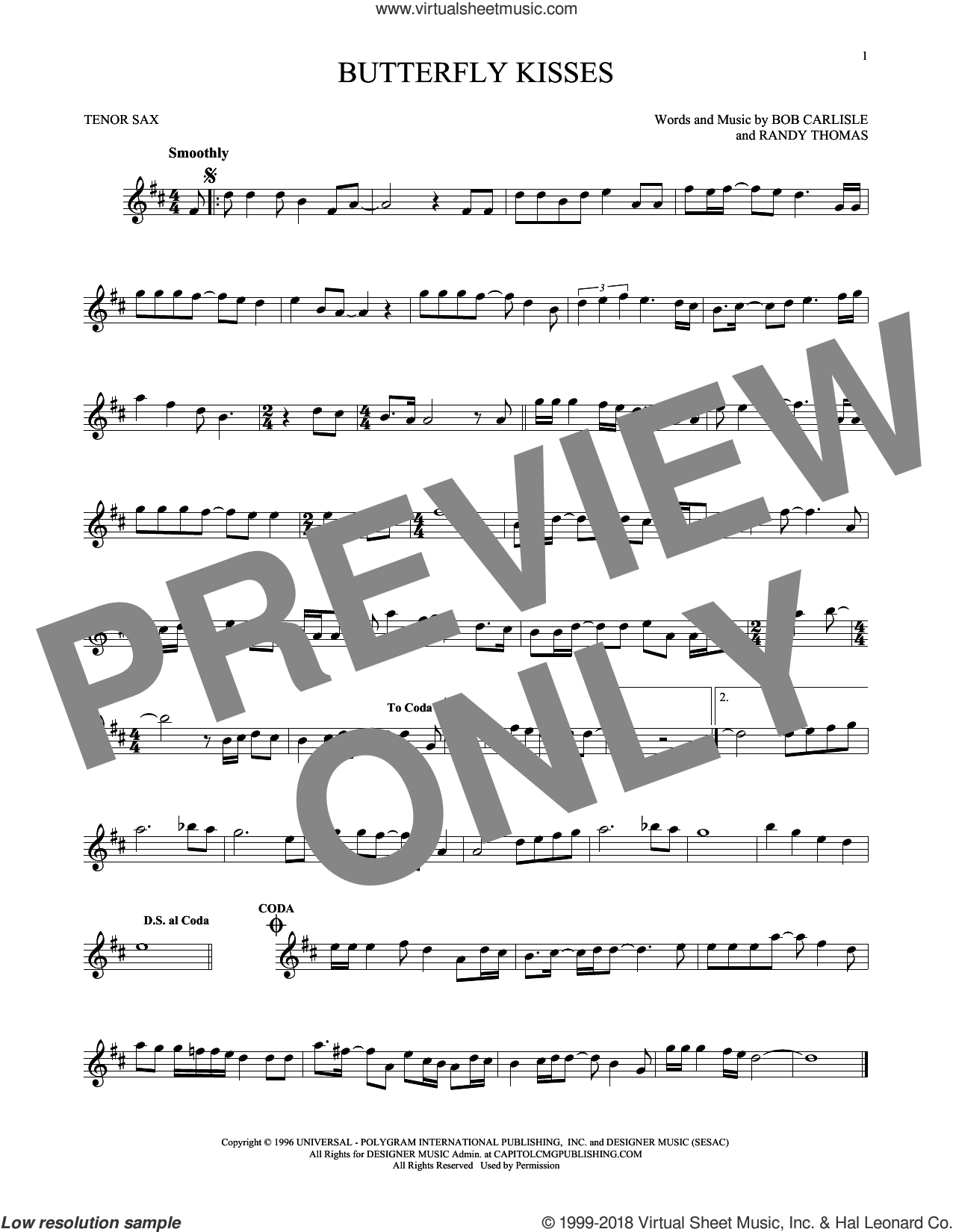 Butterfly Kisses sheet music for tenor saxophone solo (PDF)