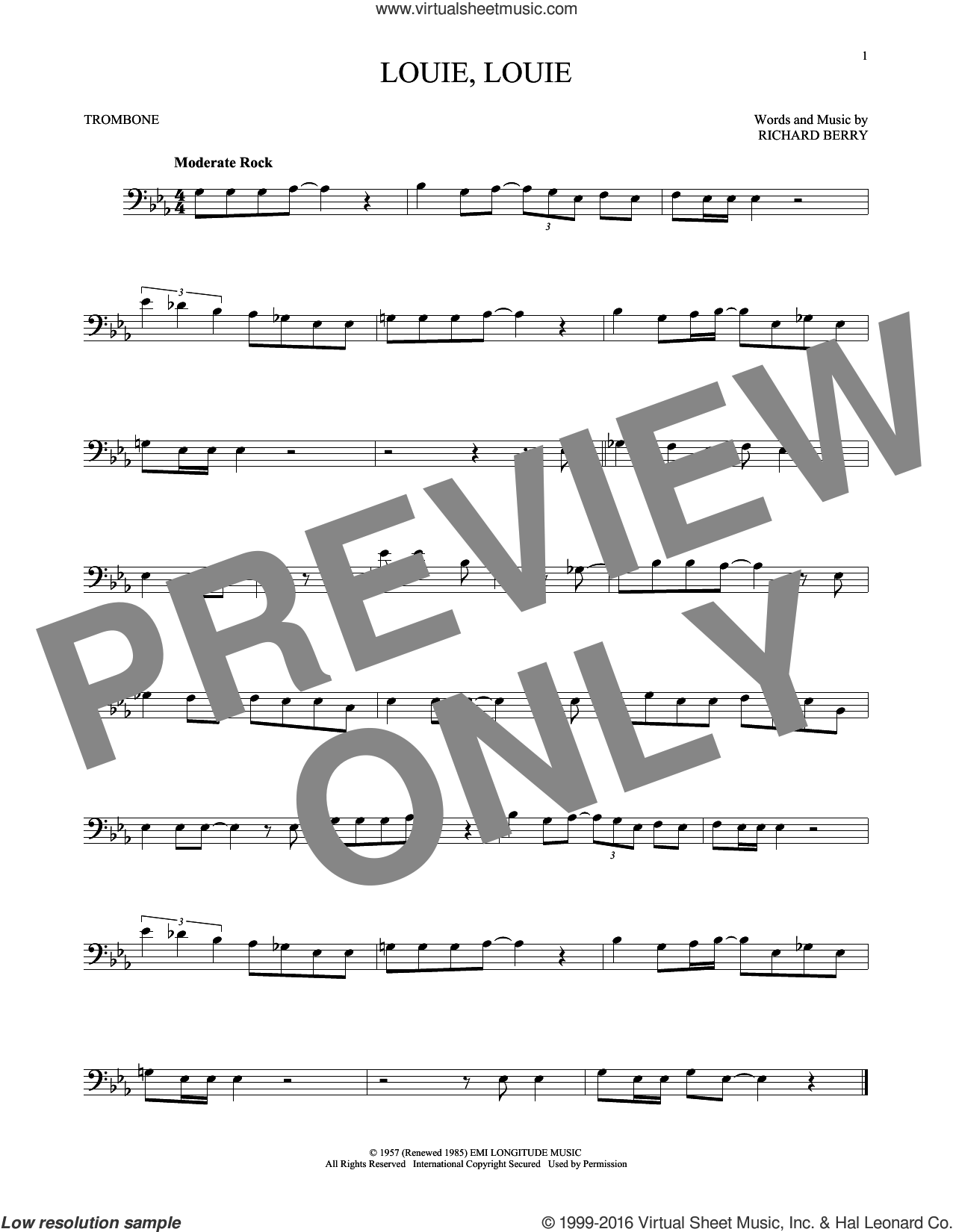 Louie, Louie sheet music for trombone solo (PDF-interactive)