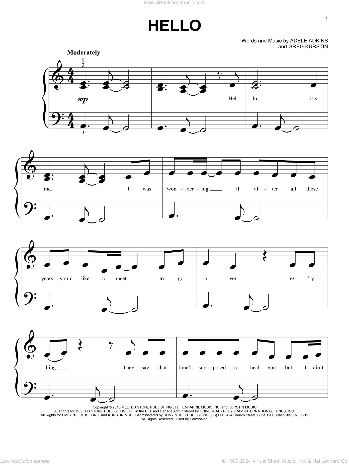 Adele: Hello sheet music for piano solo (big note book) (PDF)